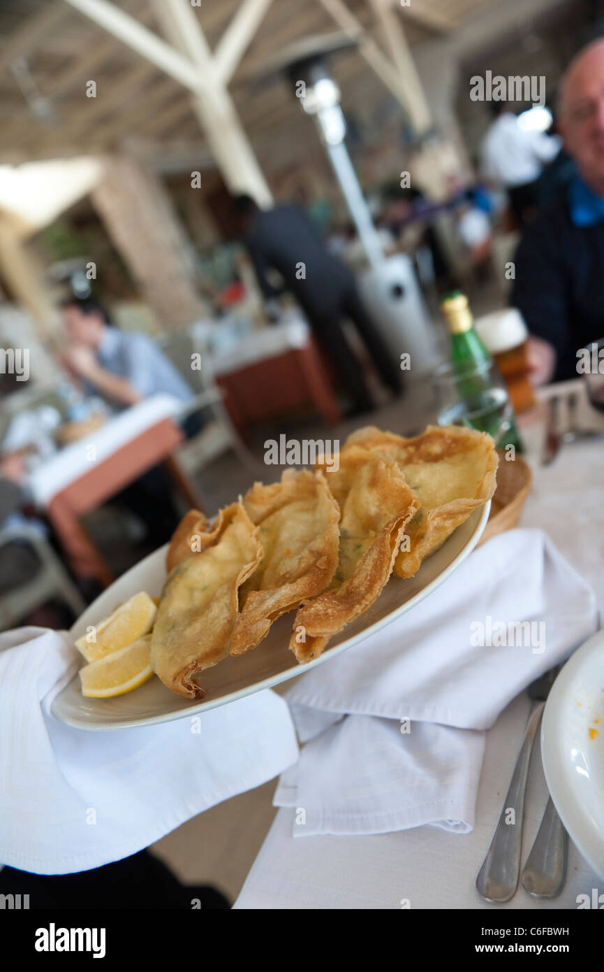 Tradition Tunisian snack of brik served at The Restaurant Haroun. Houmt ...