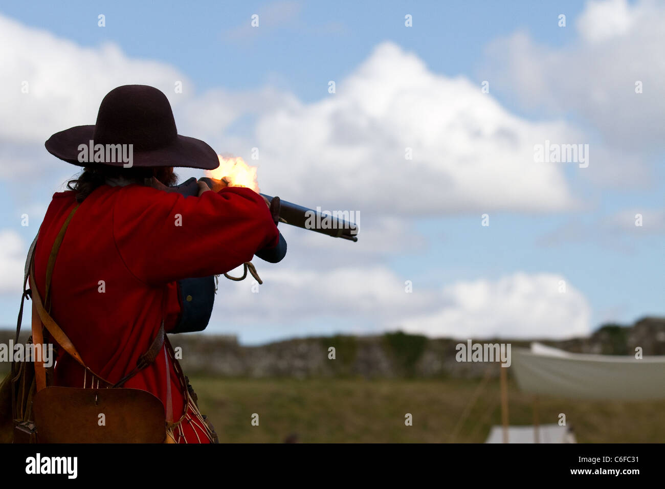 Musketman or Musketeer Fusilier holding 17th Century firearms, living ...