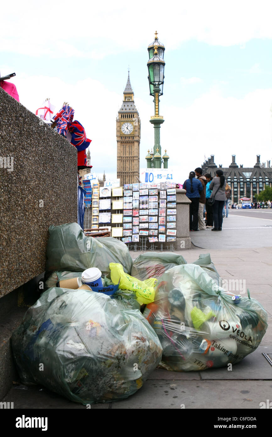 lastic bahs of rubbish on Westminster Bridge with Big Ben in the ...