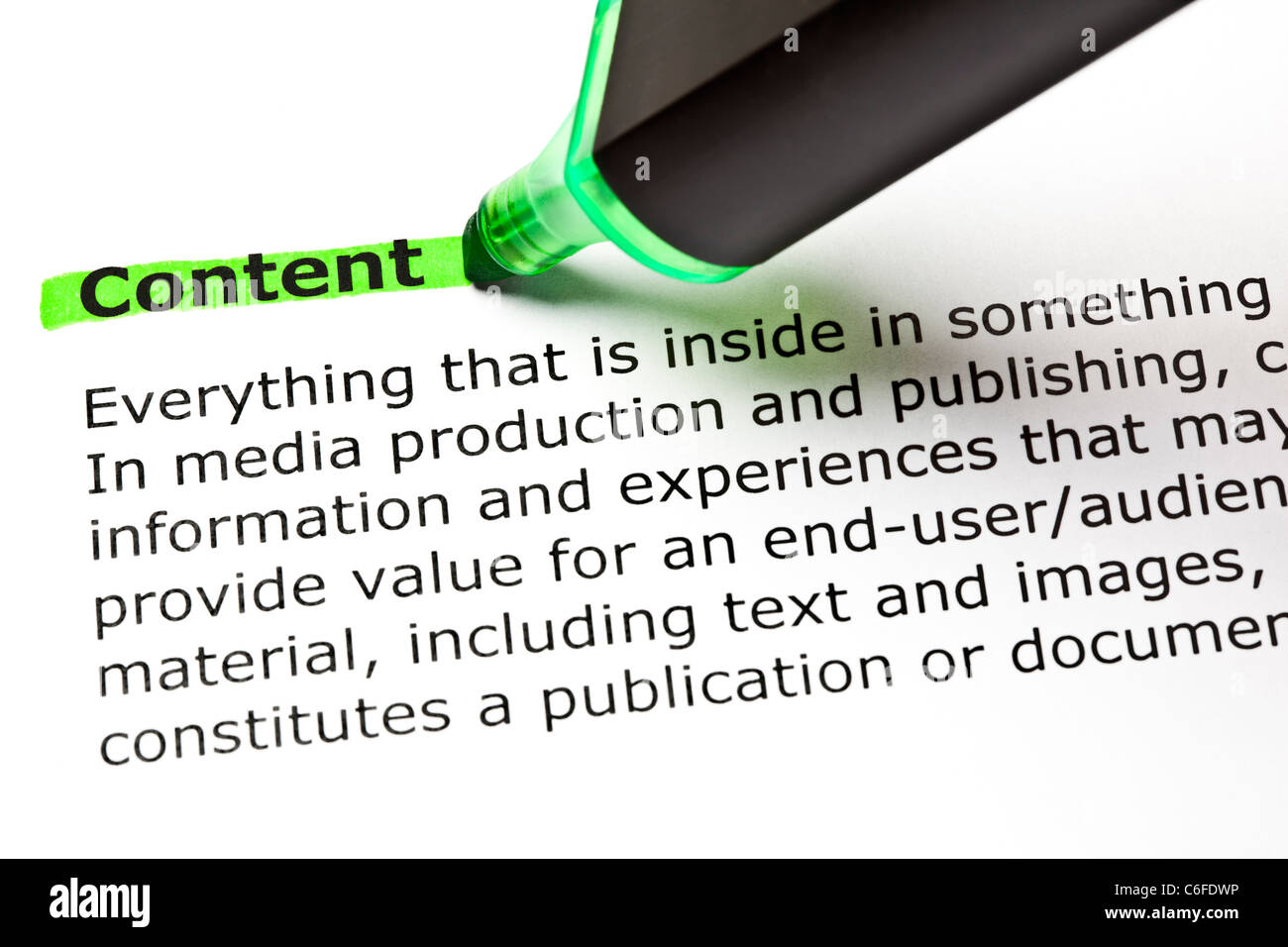 The word CONTENT highlighted in green with felt tip pen Stock Photo - Alamy