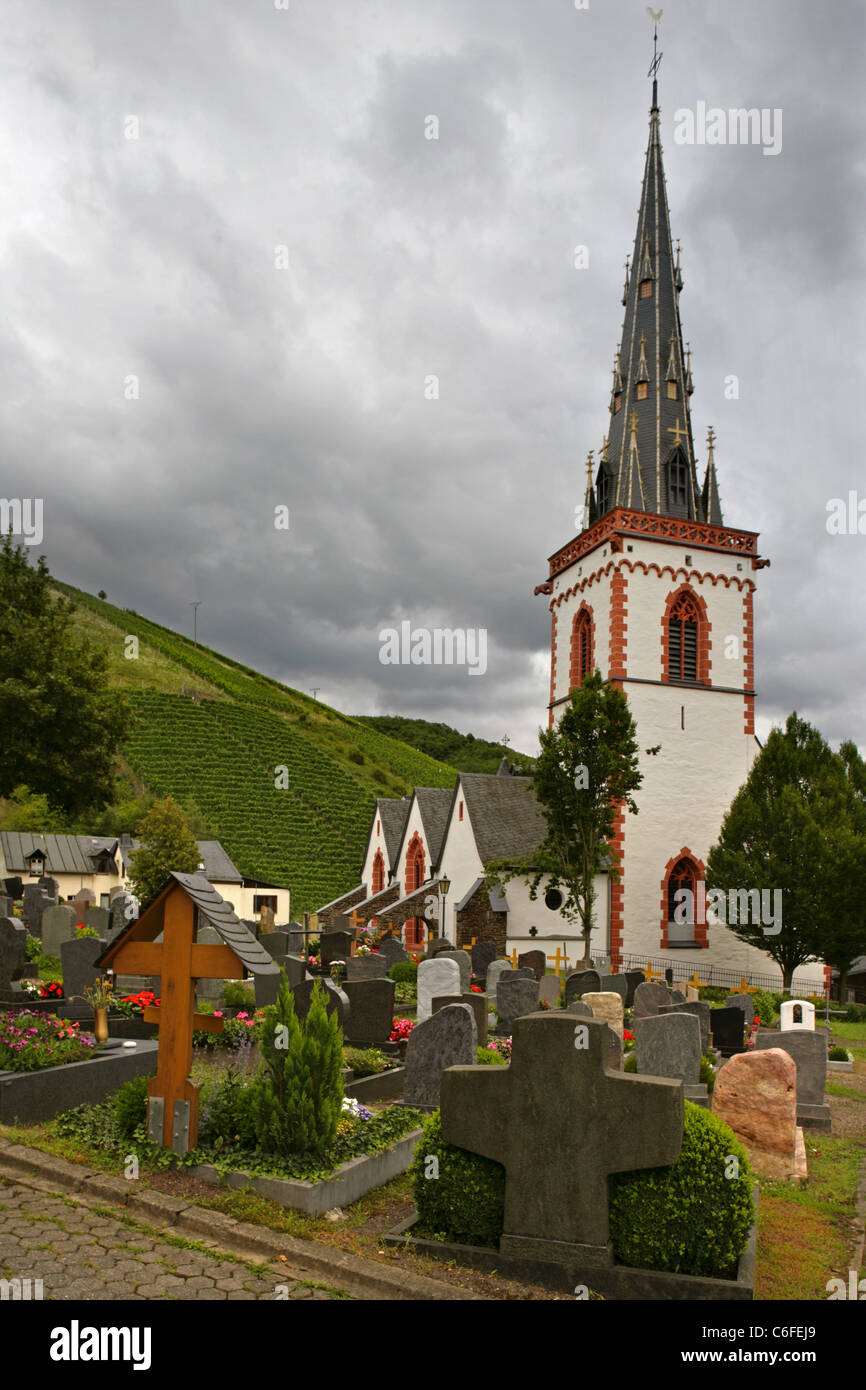 Church and graveyard in the village of Ediger-Eller on the banks of the ...