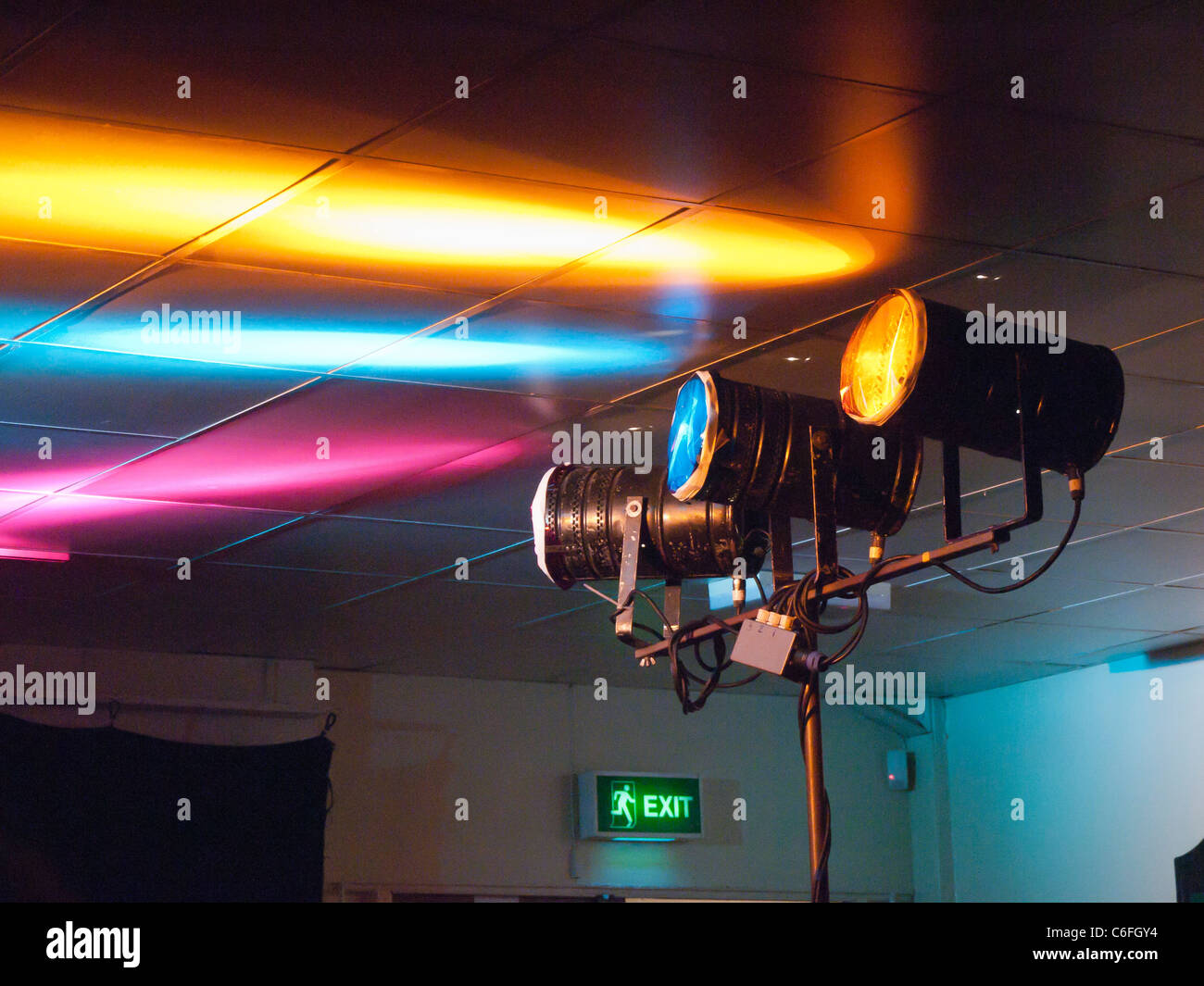 stage lights make a coloured pattern on the ceiling at a London blues ...