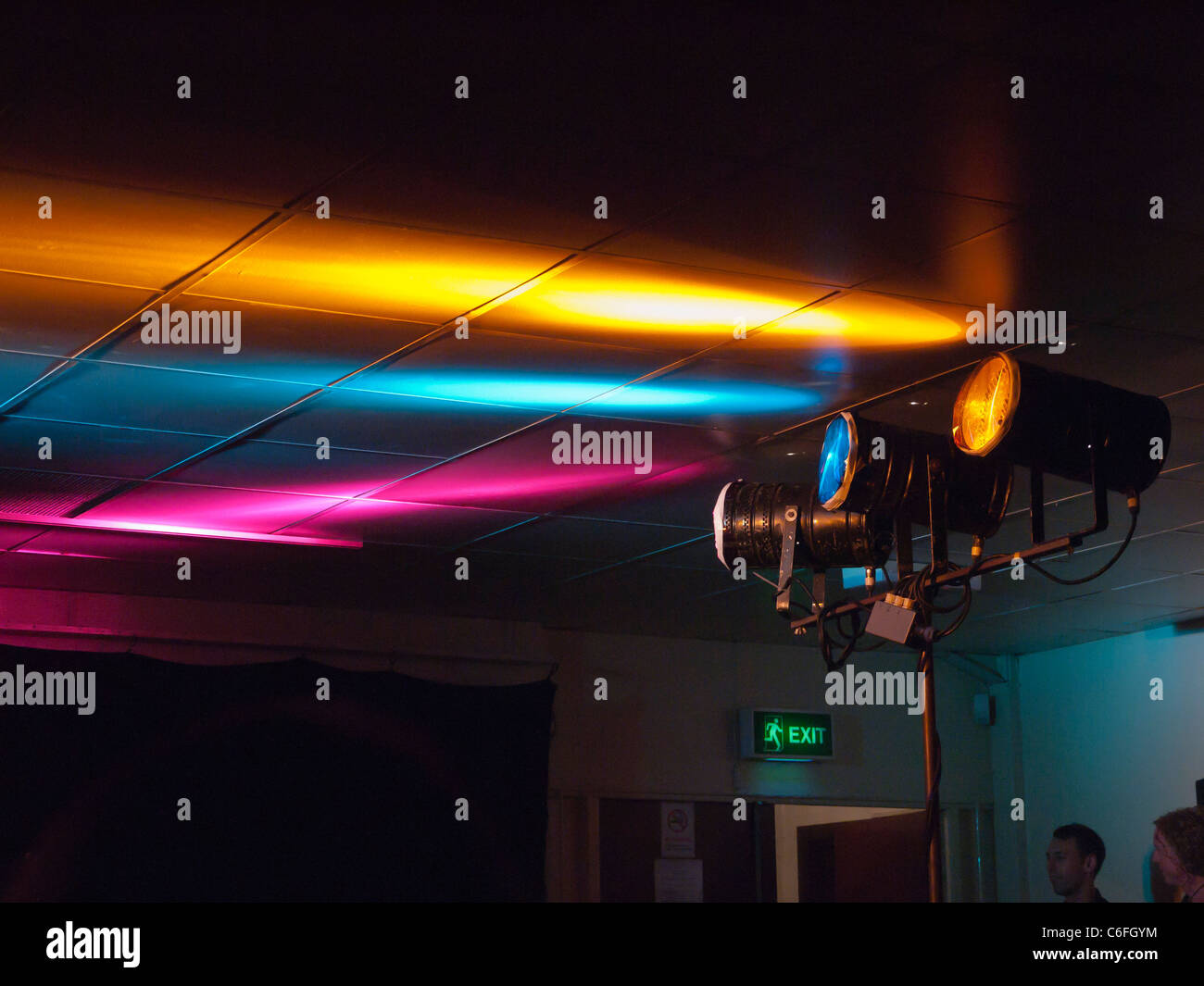 stage lights make a coloured pattern on the ceiling at a London blues ...