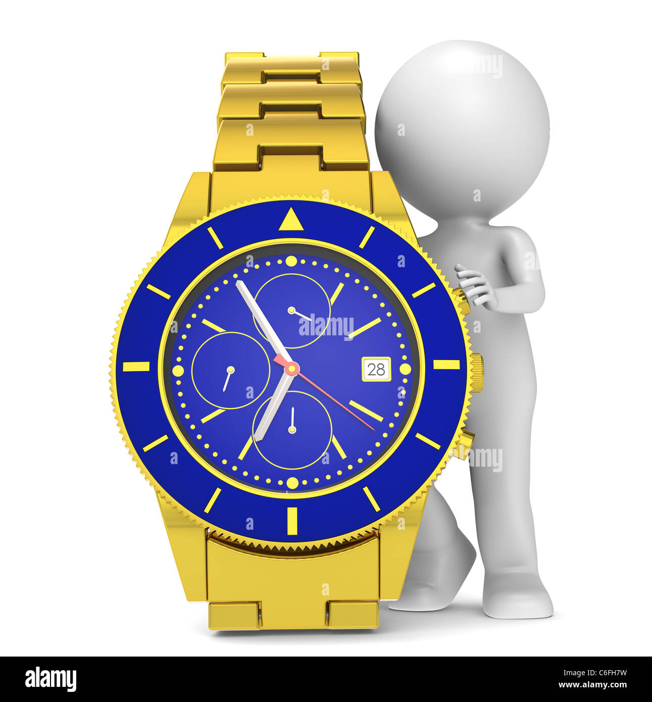 3D little human character with a Golden Chronograph Watch. People ...