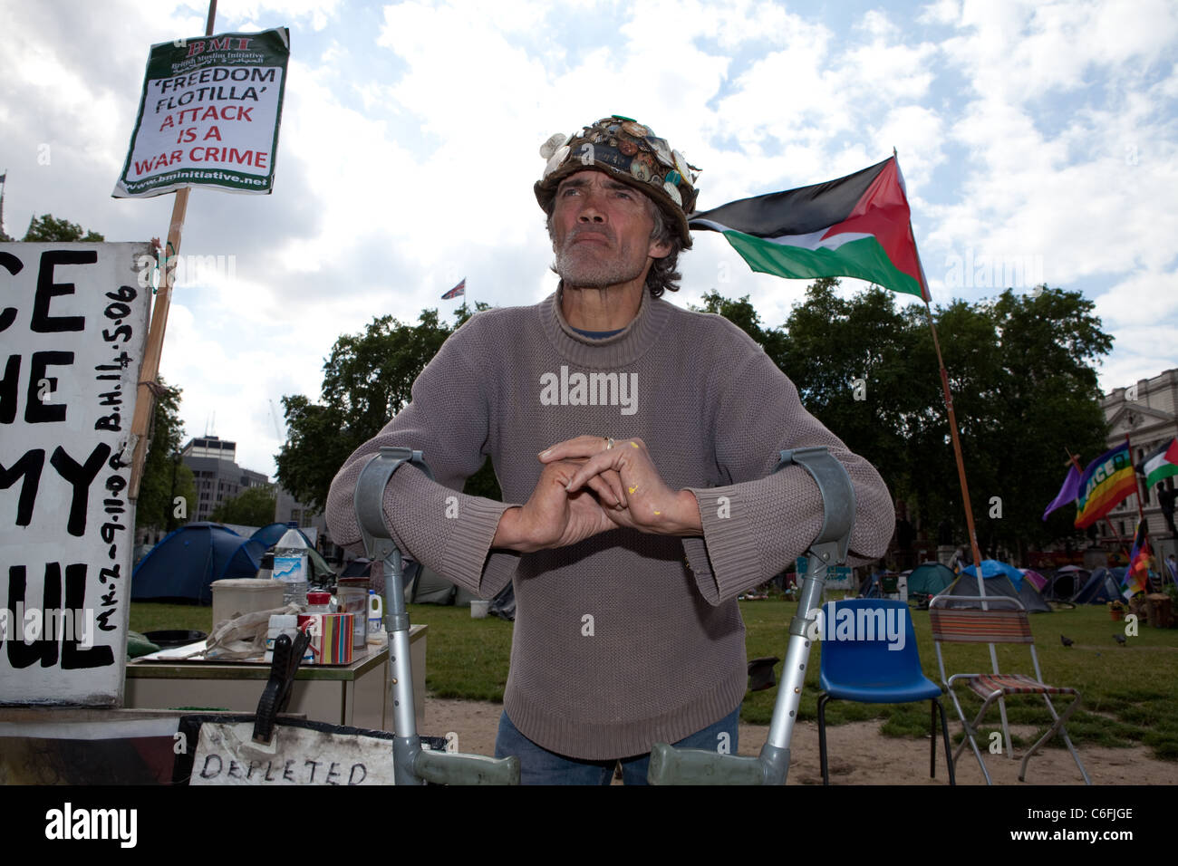 Brian Haw, anti-war protester at his peace camp outside Parliament ...