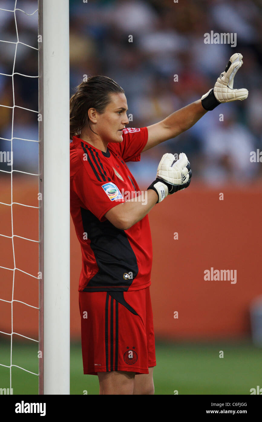 Germany goalkeeper Nadine Angerer directs her defense during a 2011 ...