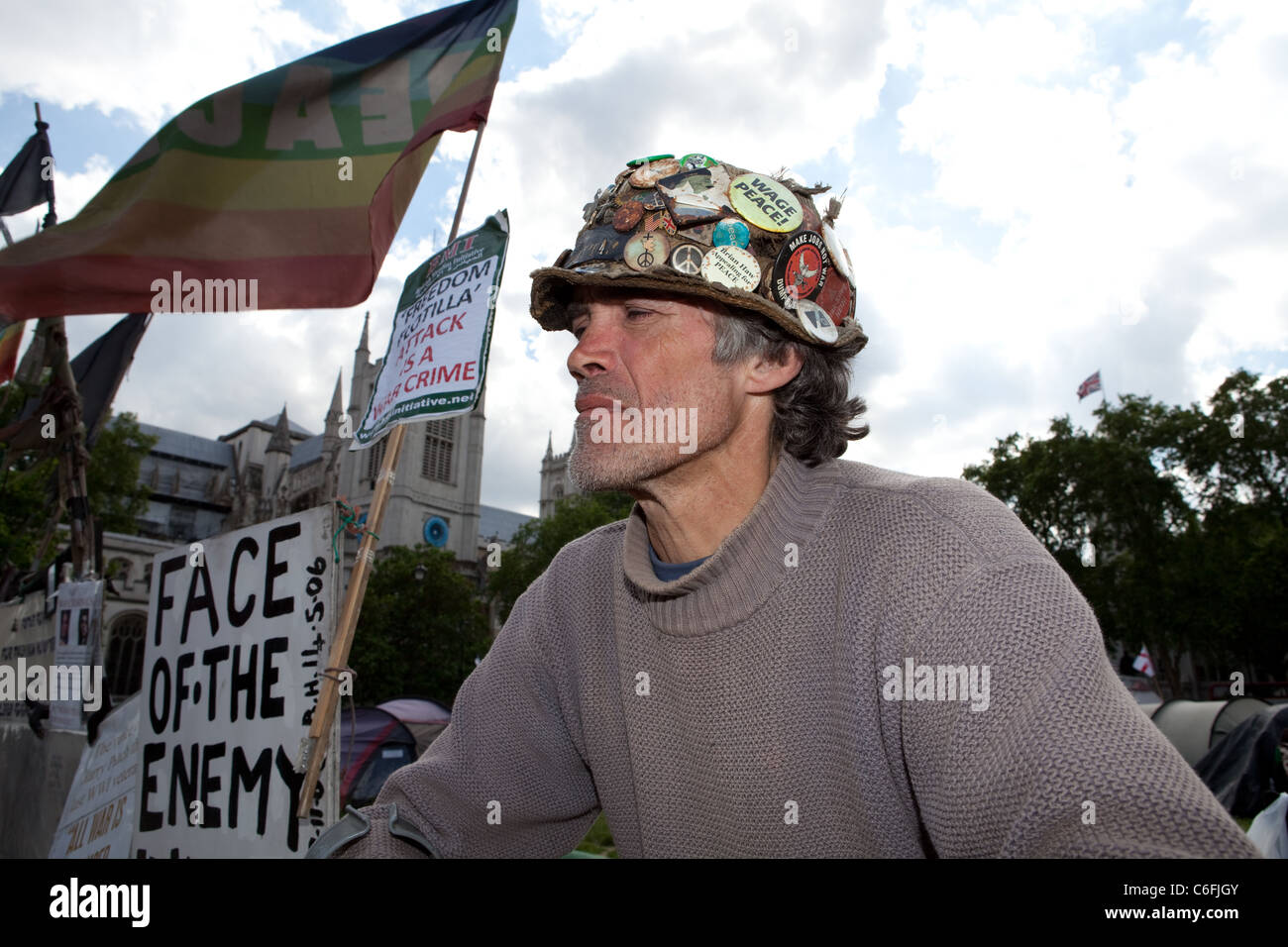 Brian Haw, anti-war protester at his peace camp outside Parliament ...
