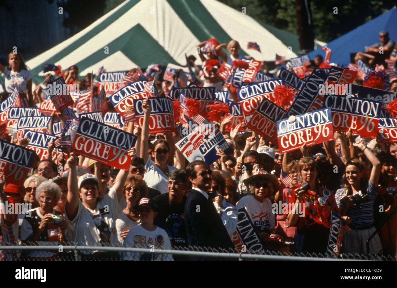 Supporters wave Clinton Gore signs as the train carrying President Bill ...