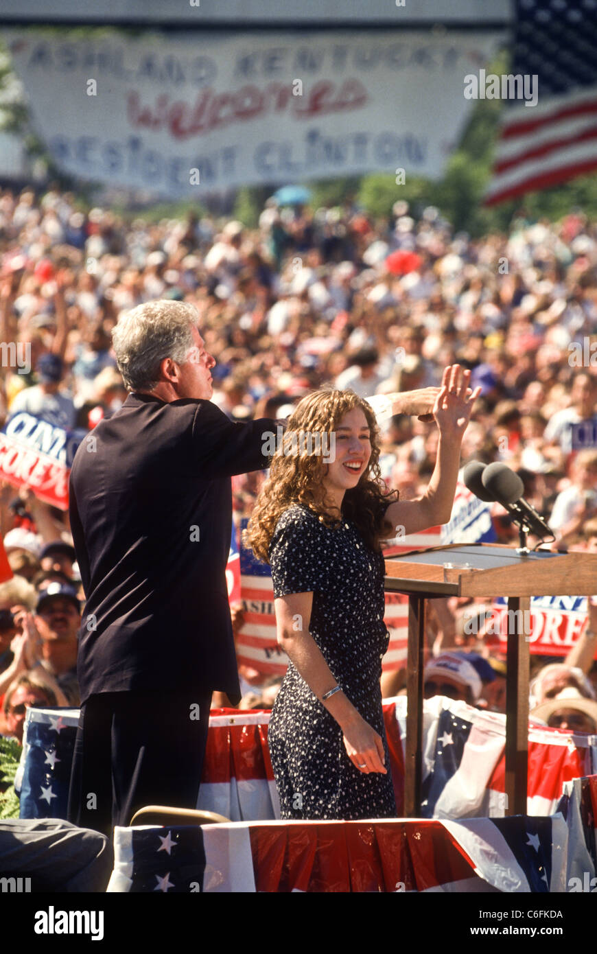 President Bill Clinton and daughter Chelsea wave to supporters during a ...