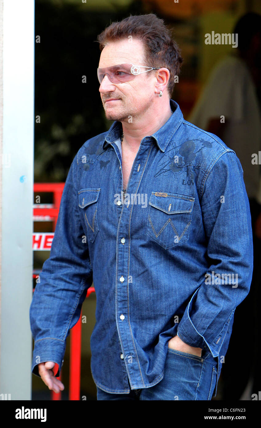 Singer Bono of U2, arriving to Monaco airport by helicopter. Bono is ...