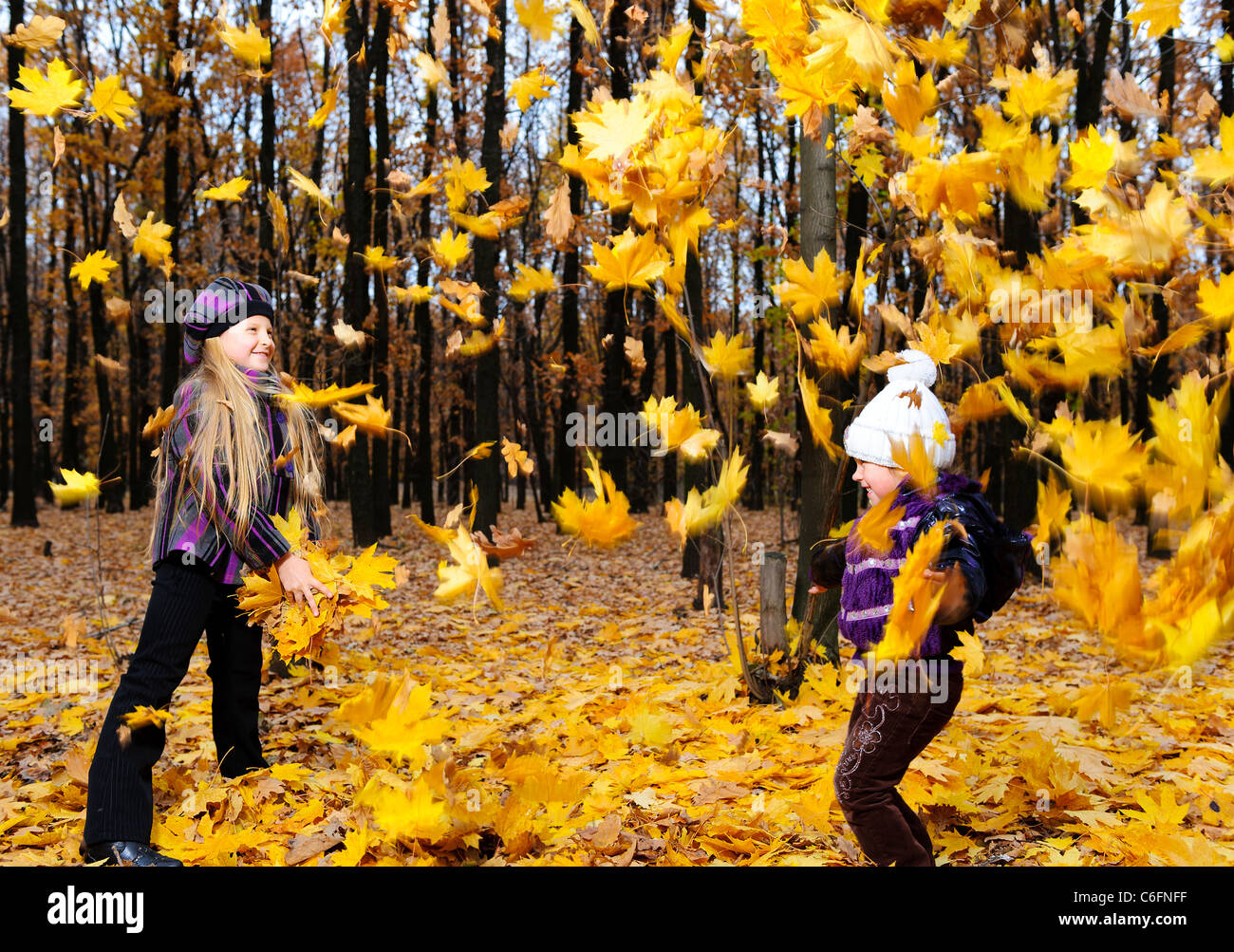Children in autumn forest. Play fallen down leaf Stock Photo - Alamy
