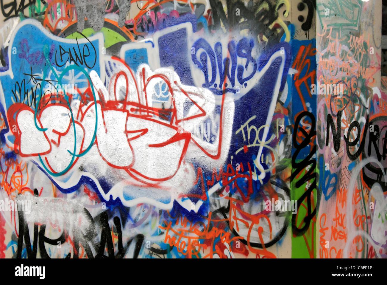 Graffiti on walls under the A316 flyover Hanworth, Surrey, England, UK ...