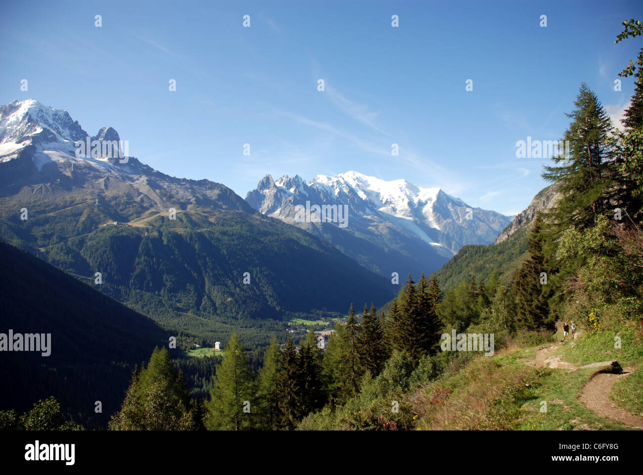 a path follows the side of a tree lined valley in the French alps with ...