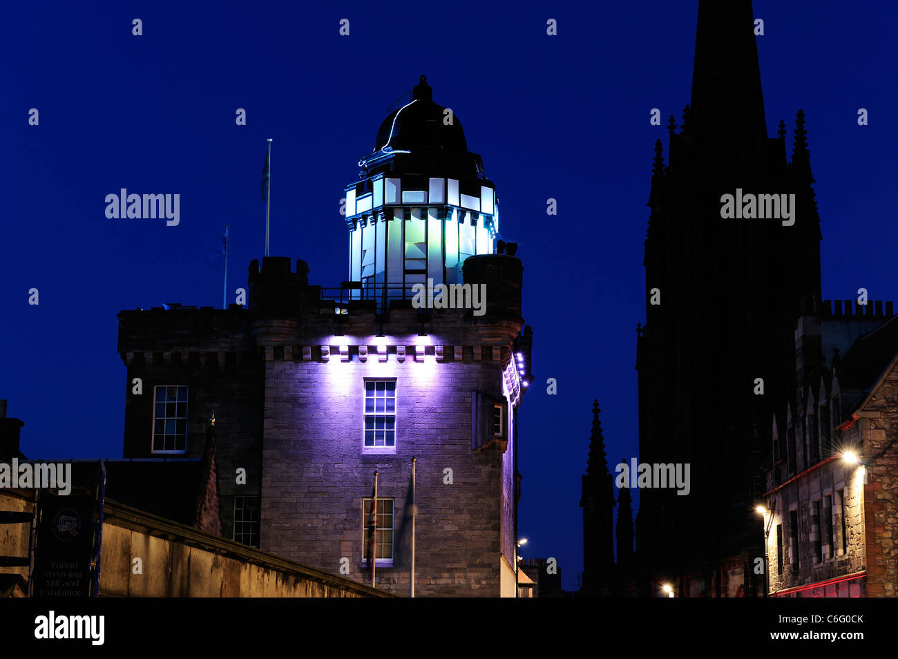 Outlook Tower and Camera Obscura by night on the Royal Mile, Edinburgh ...