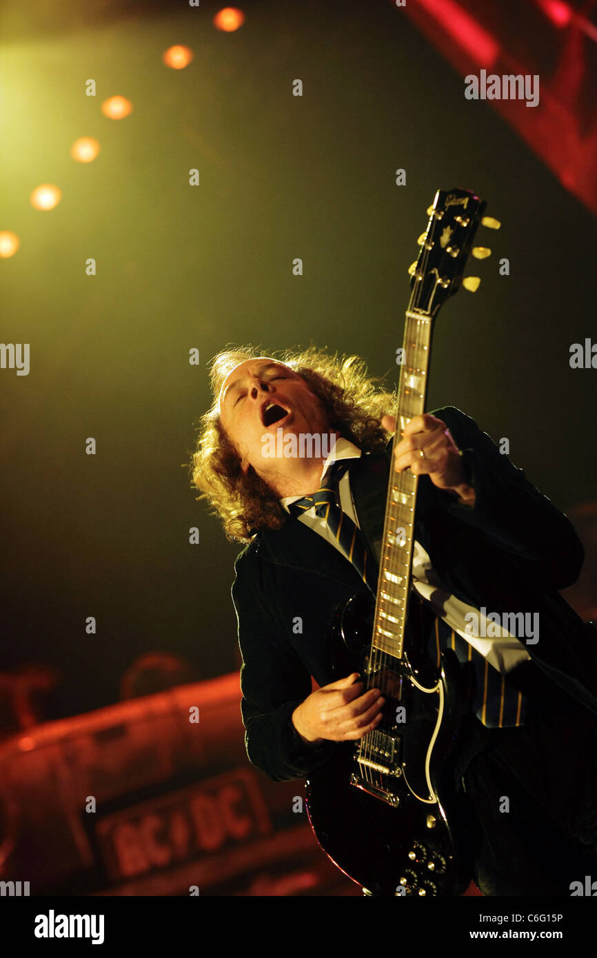 Angus Young of ACDC performing live in concert as part of the "Black ...