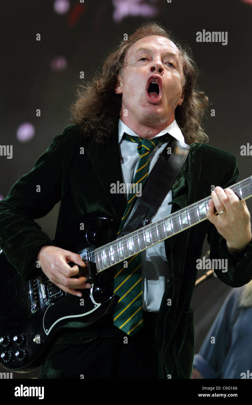 Angus Young of ACDC performing live in concert as part of the "Black ...