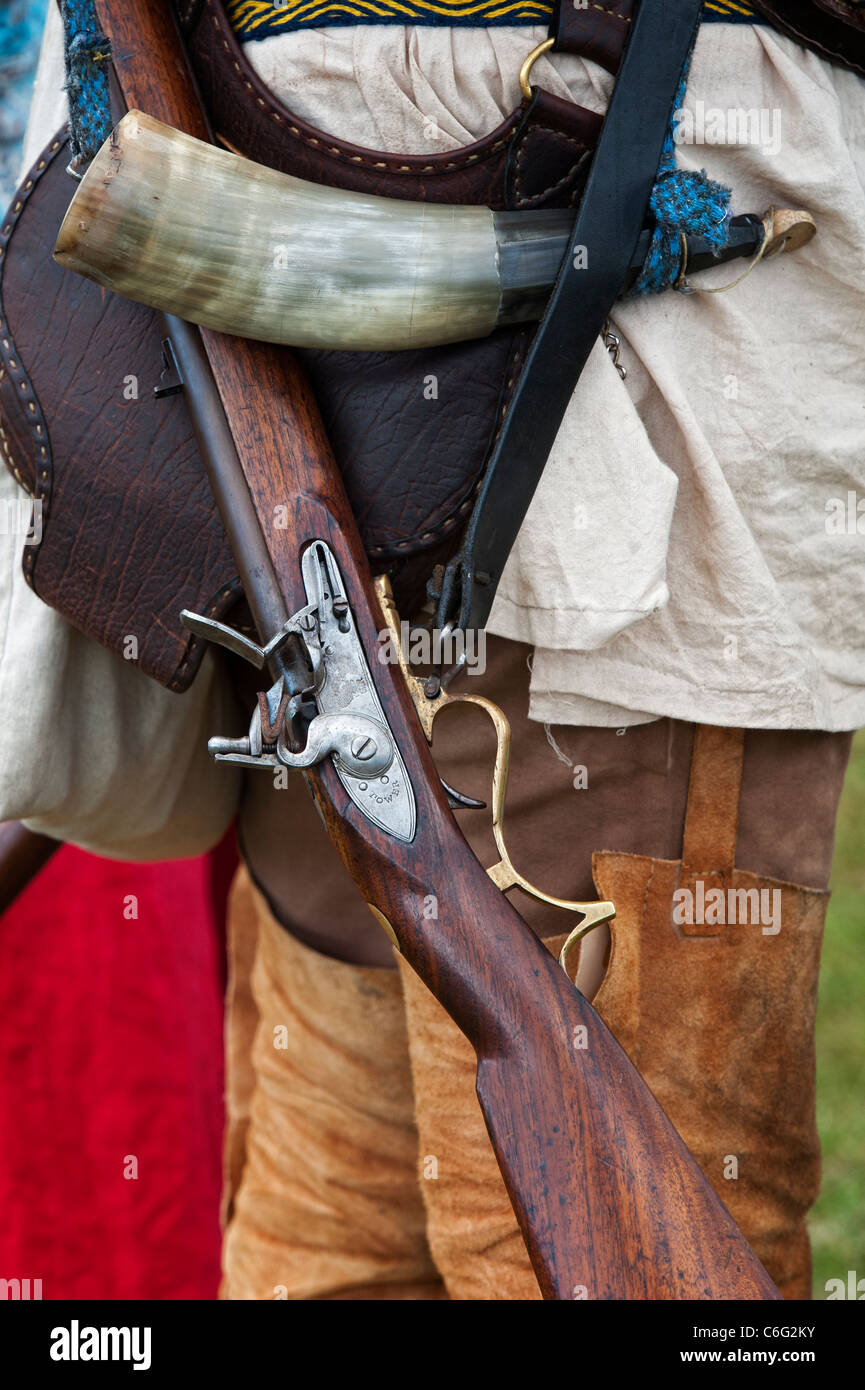 English civil war soldier uniform and musket detail. Re-enactment Stock ...