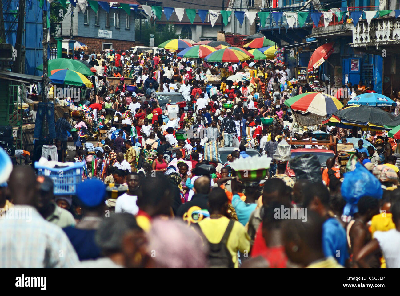 Bustling market street (Sani Abacha st.) in central Freetown, Sierra ...