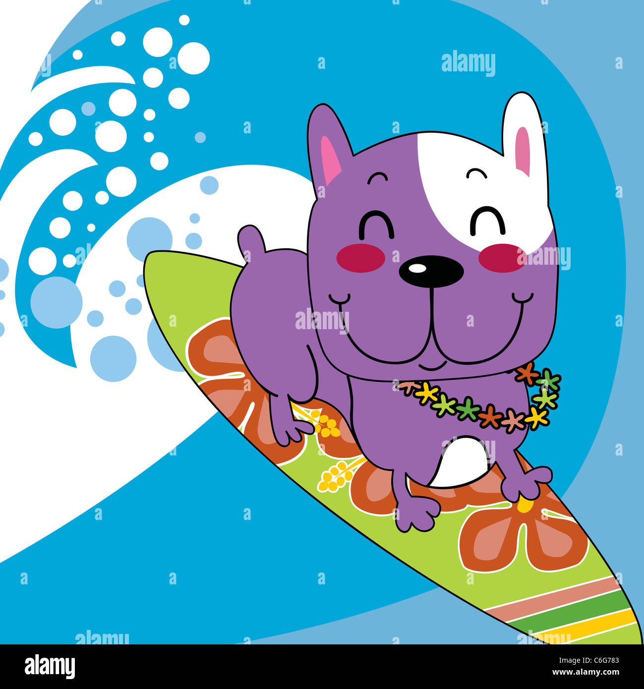 Cute french bulldog happy surfing ocean wave on surfboard with flower garland Stock Photo - Alamy