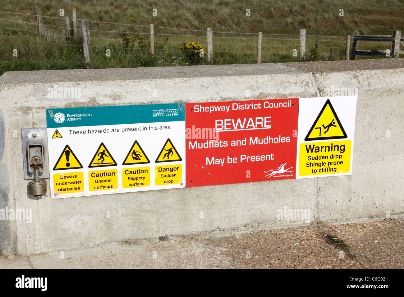 Environment Agency warning signs New Romney beach Kent Stock Photo - Alamy
