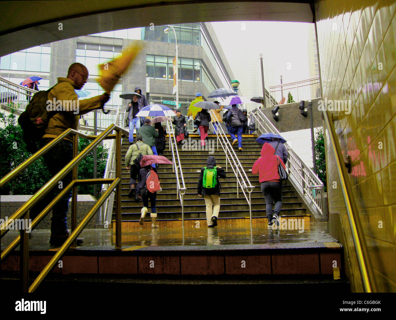 Raining in Columbus Circle NYC/ Subway Entrance, near Warner Center ...