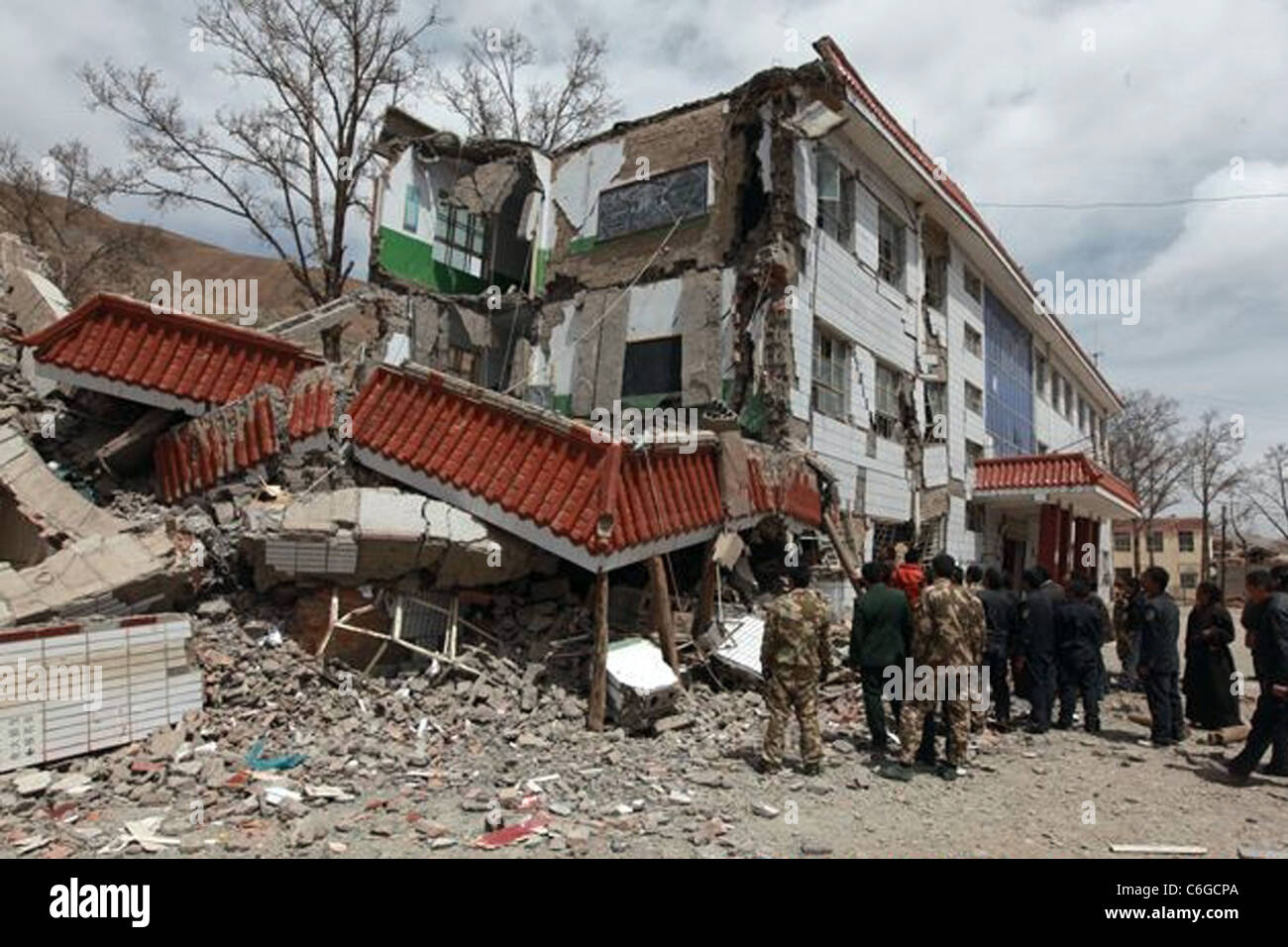 A collapsed building in the town of Yushu. The earthquake happened at 7 ...