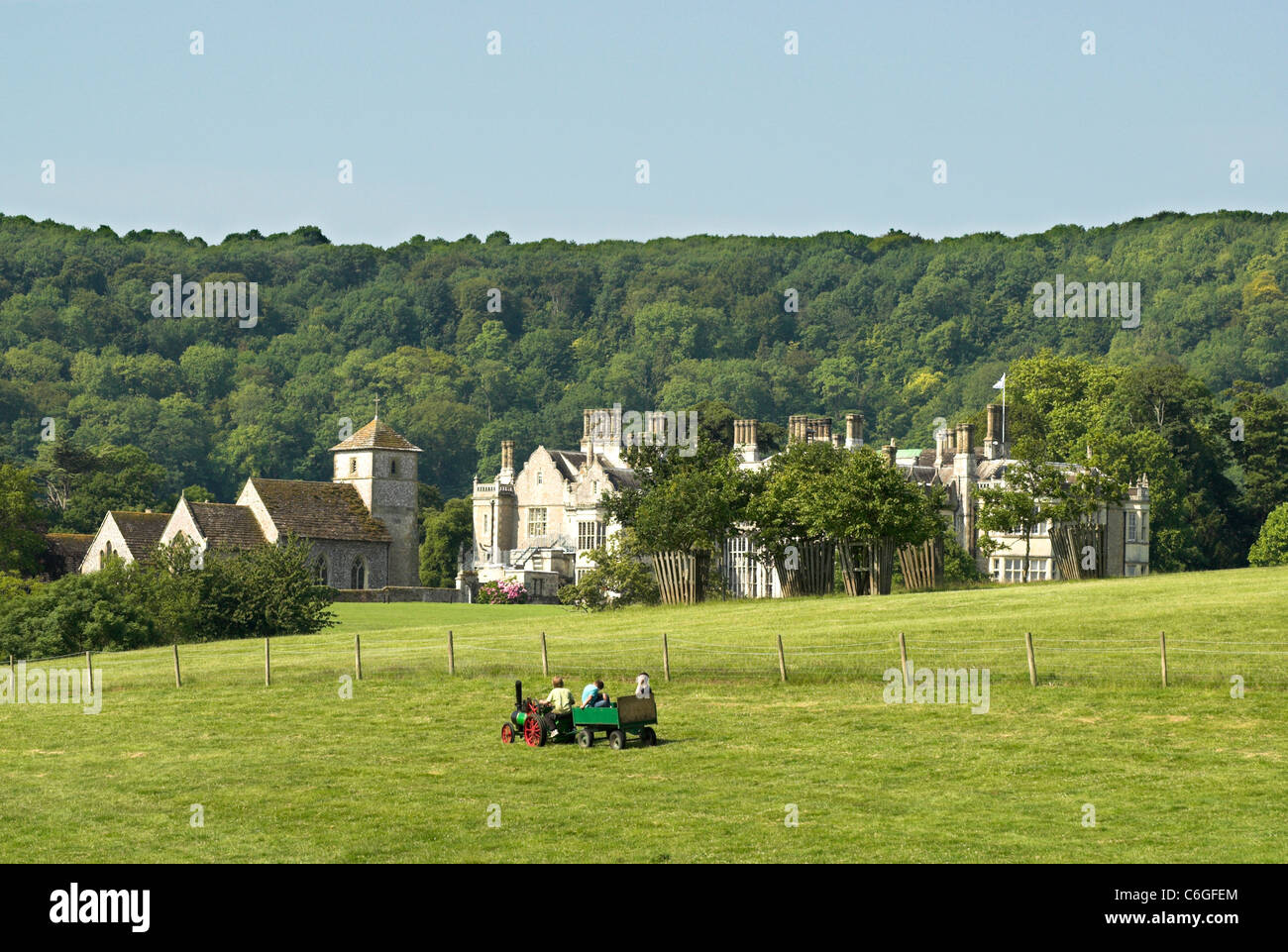 Children on a miniature steam engine with Wiston House and the South ...