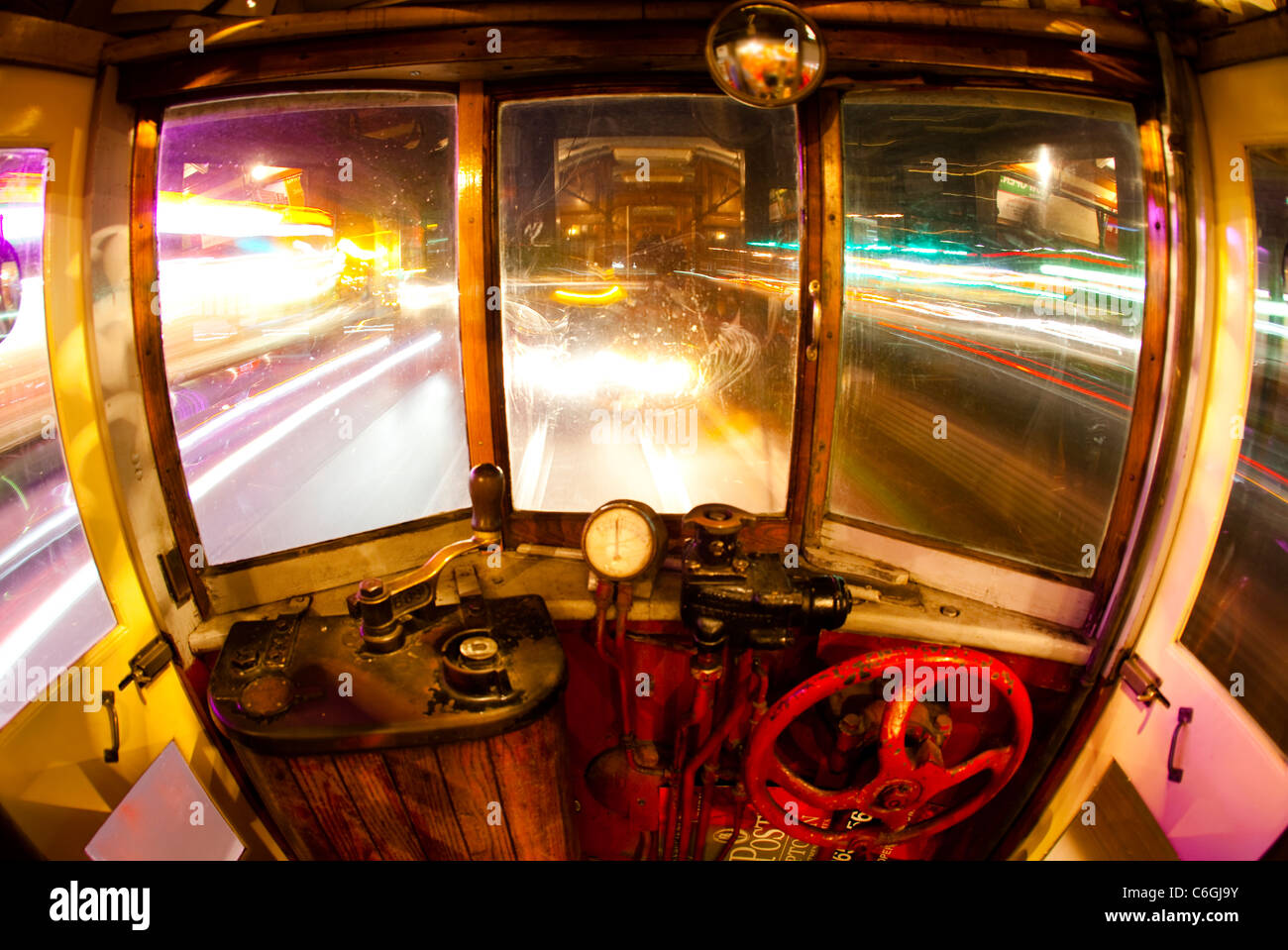 Interior view of Trolley at night, long exposure, Downtown Dallas ...