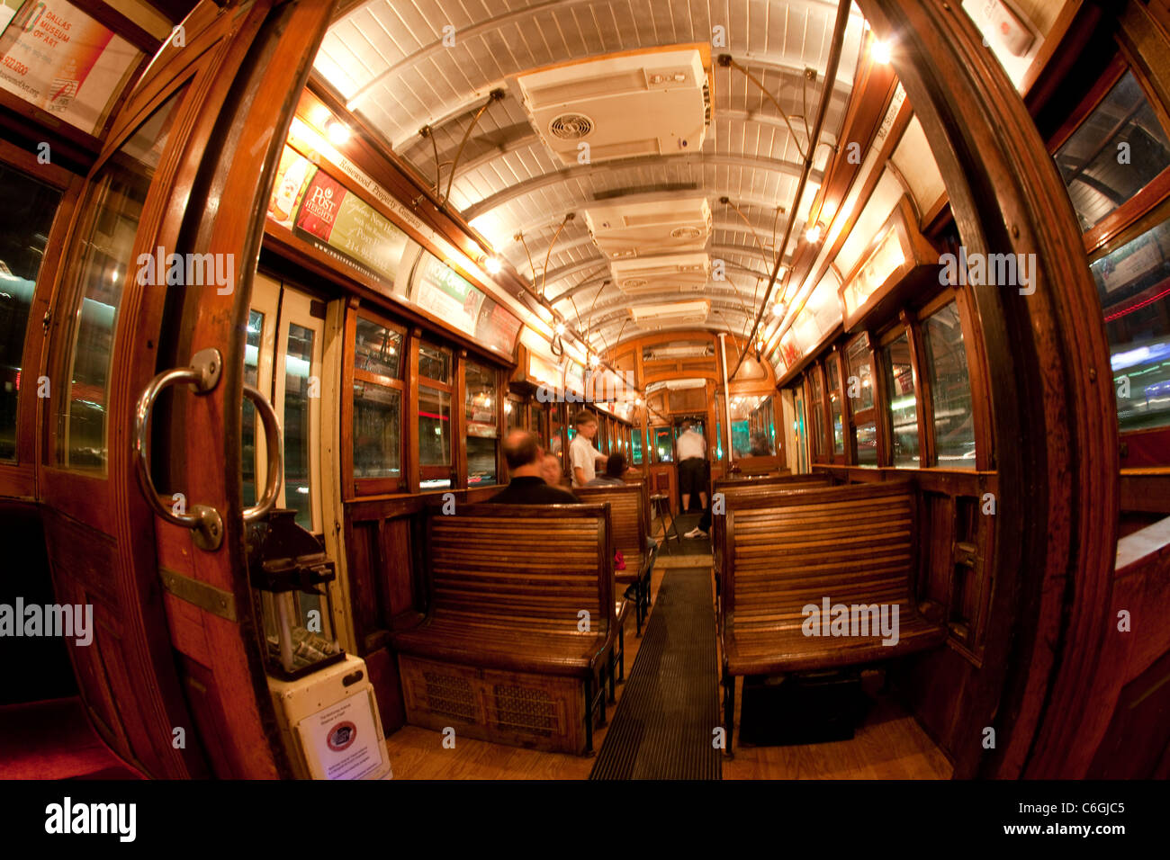 Interior view of Trolley at night, long exposure, Downtown Dallas ...