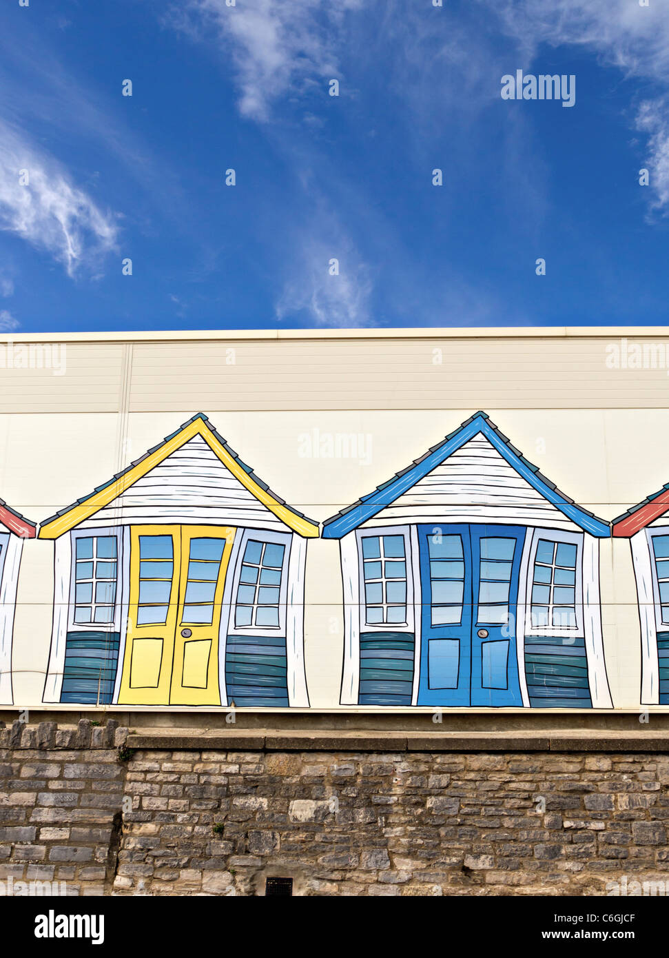 Fake colourful Beach Huts facade painted on seaside promenade Stock ...