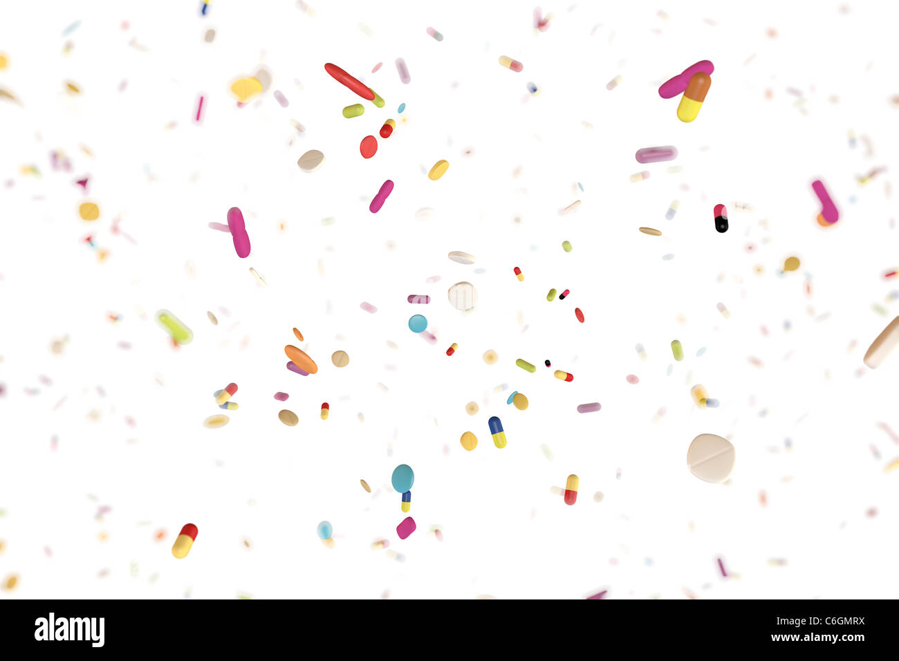 multicolored tablets and pills falling down, isolated on white ...