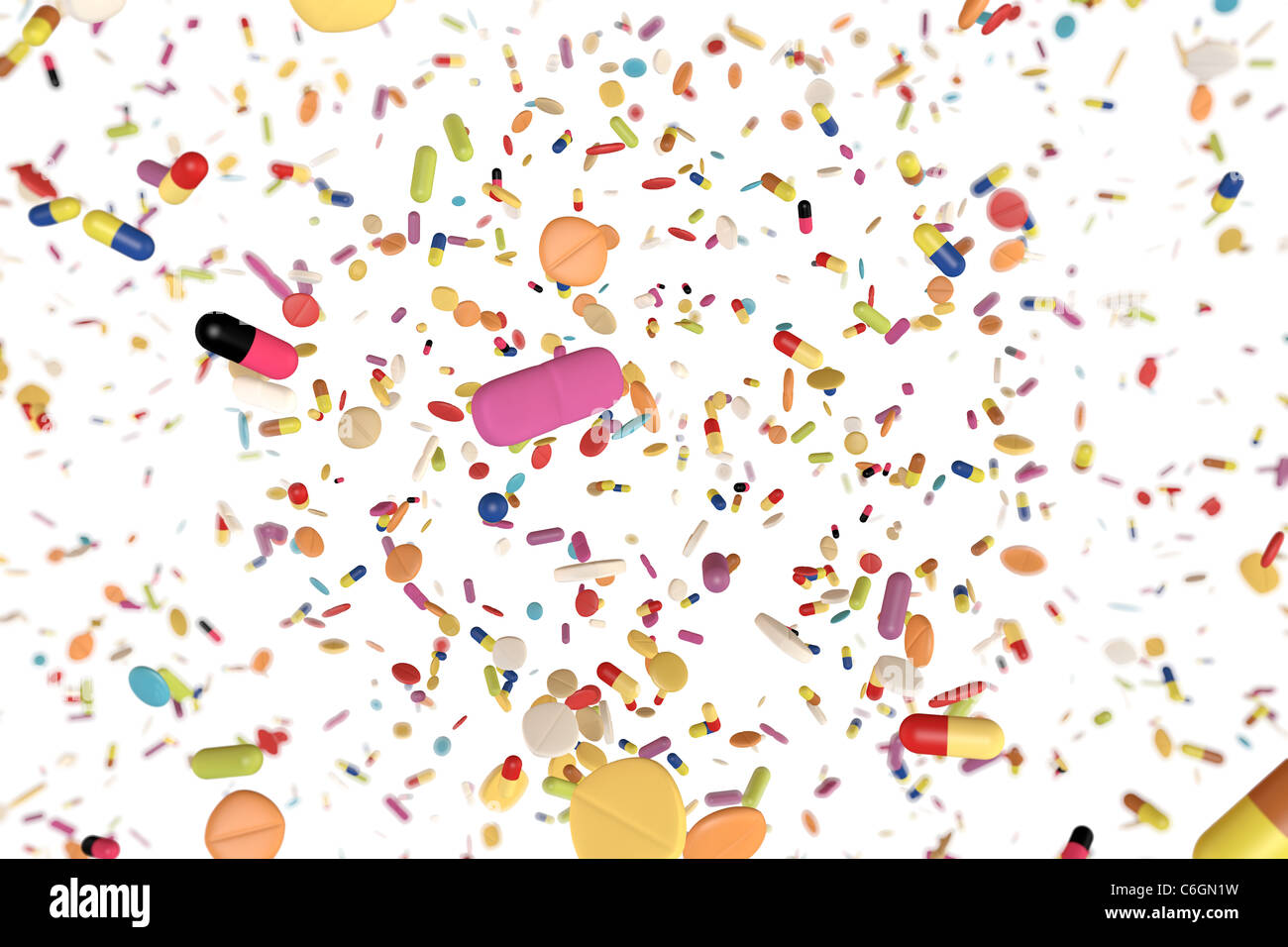 many colorful pills and tablets falling, isolated on white background ...