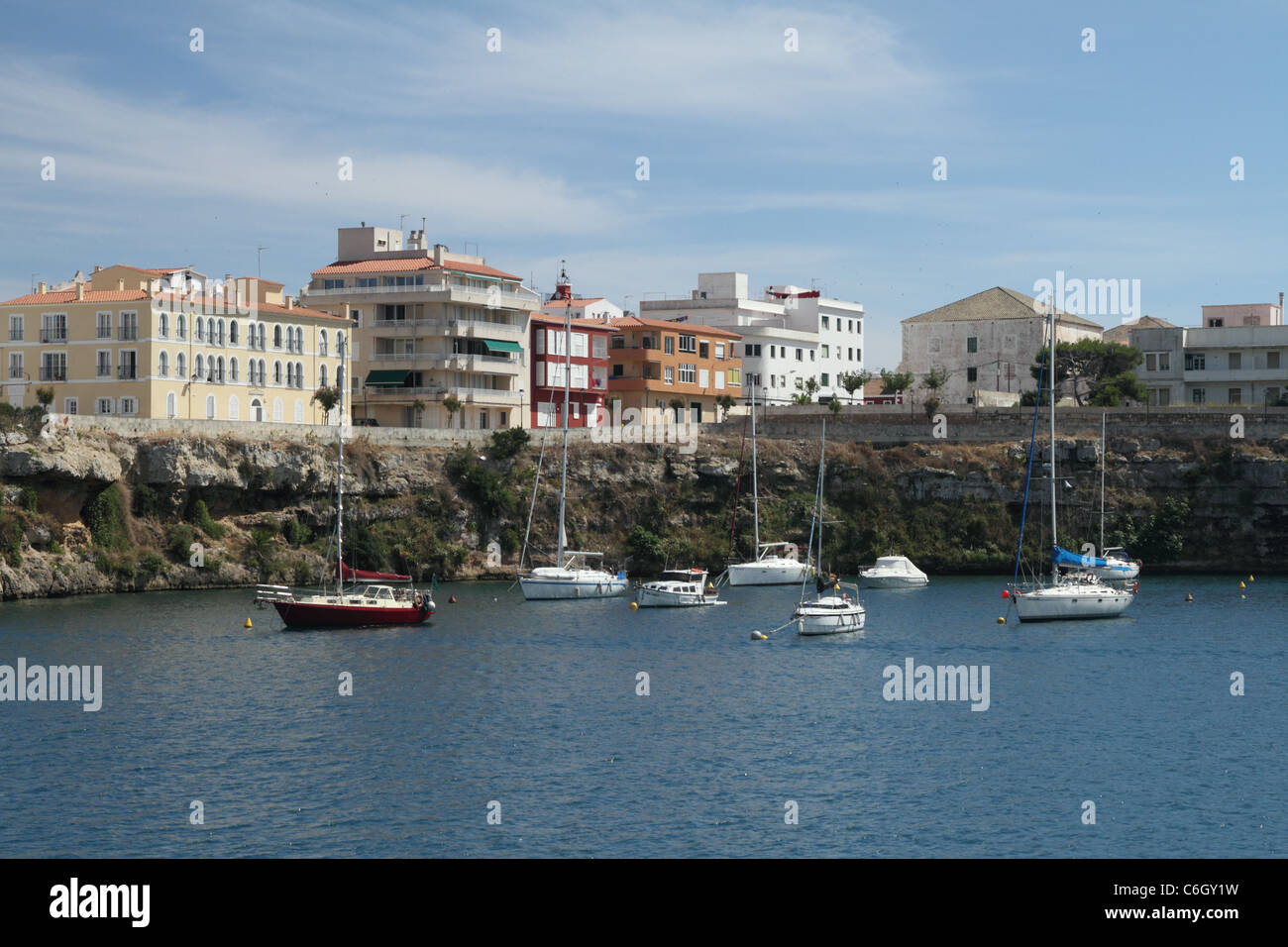 Yachts and apartments, Mahon harbour, Menorca, Spain Stock Photo - Alamy