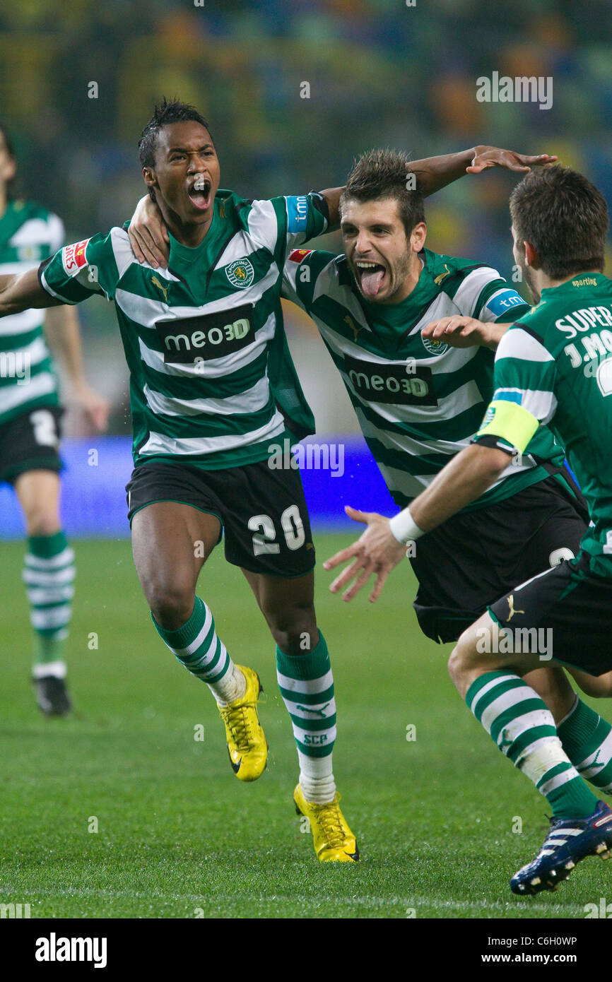 Miguel Veloso from Sporting (C) celebrates goal with Yannick Djalo (L ...