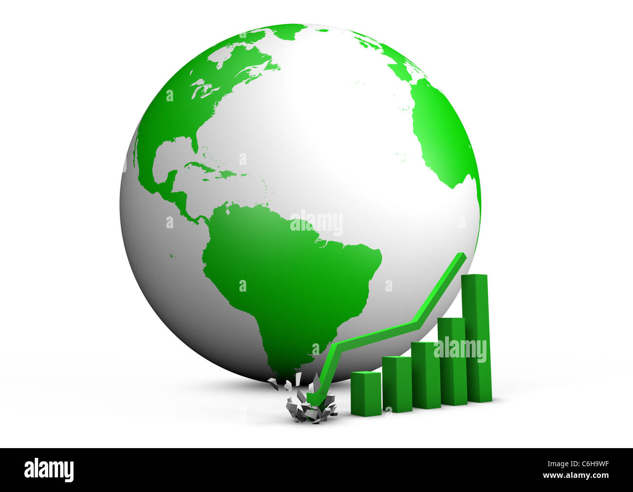 crashing bar graph and the world behind it Stock Photo - Alamy