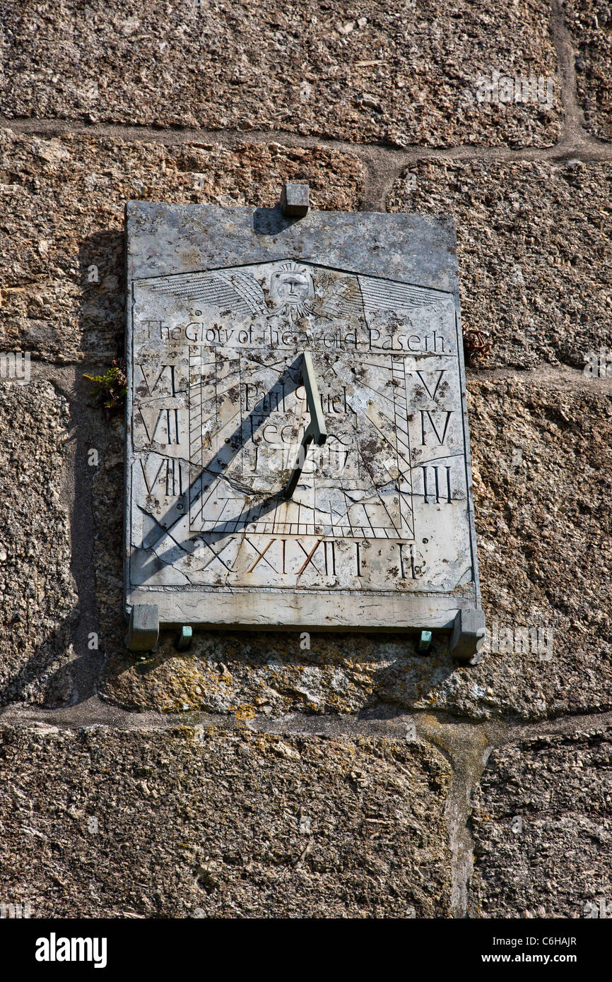 Inscribed slate sundial on Zennor church in Cornwall made in 1737 Stock ...