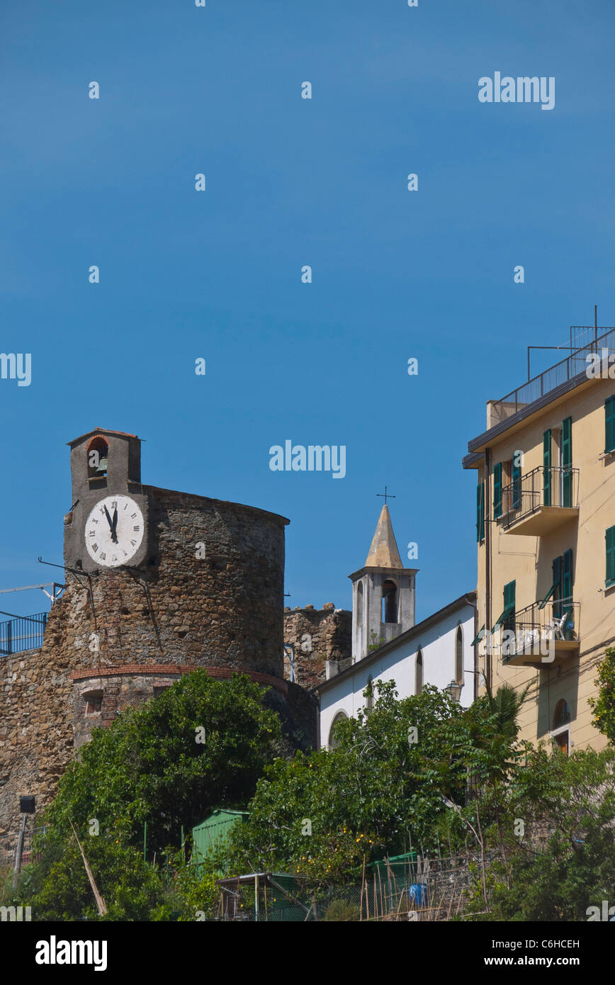 View of the top of the round clock tower, one of the original medieval ...