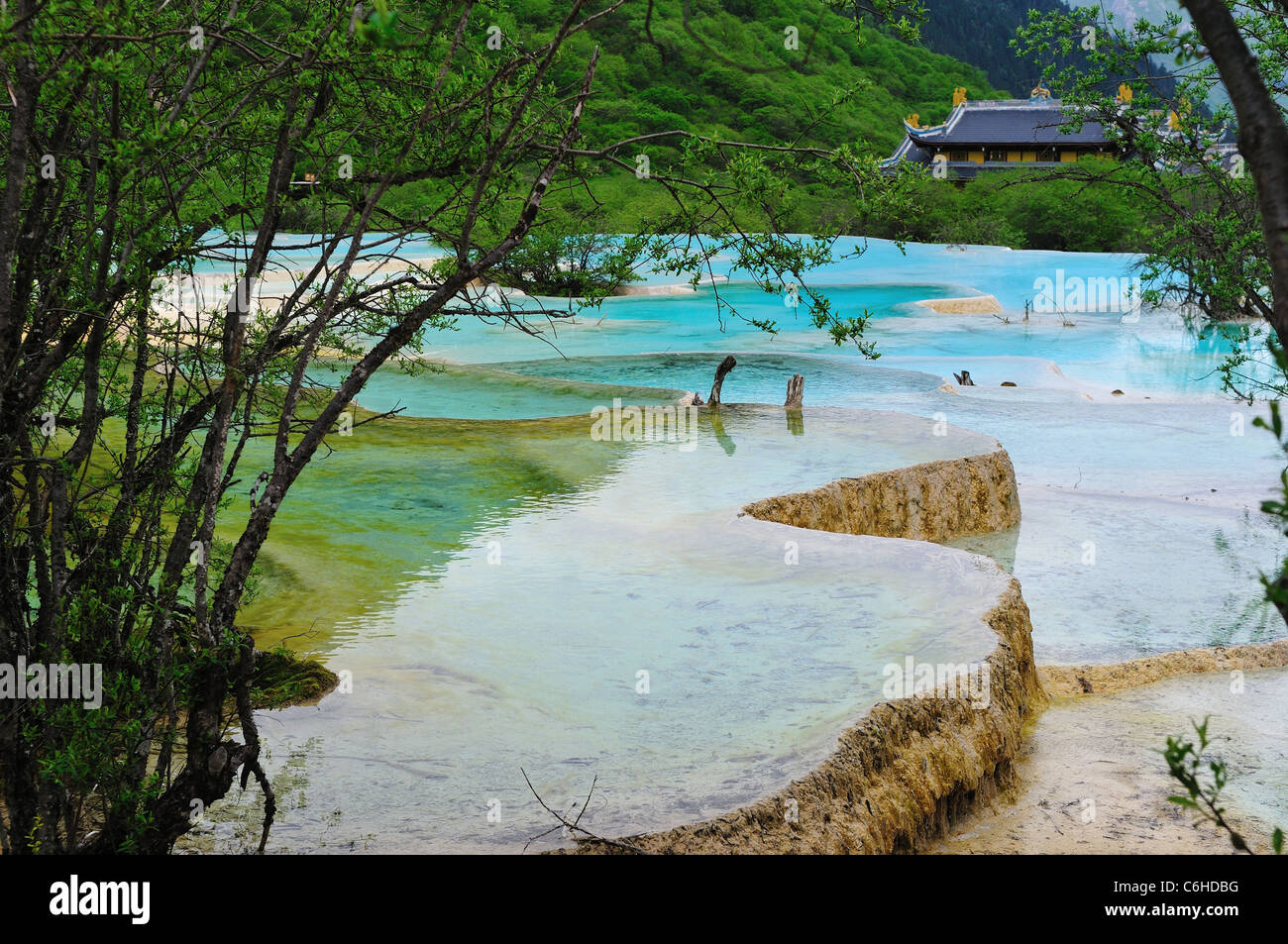 Travertine terrace pools at Huanglong Nature Reserve, an UNESCO World ...