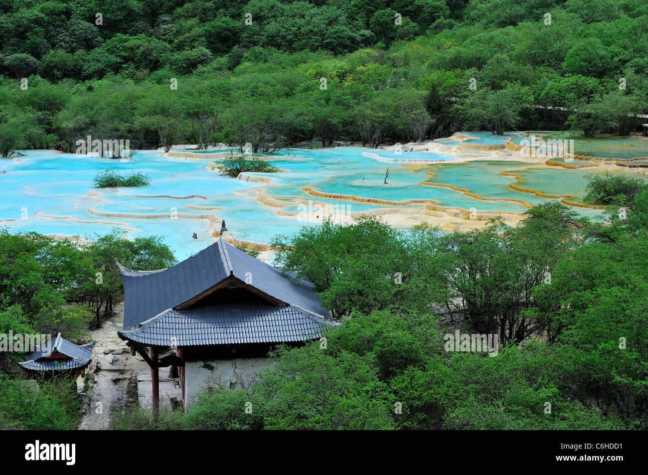 Travertine terrace pools at Huanglong Nature Reserve, an UNESCO World ...