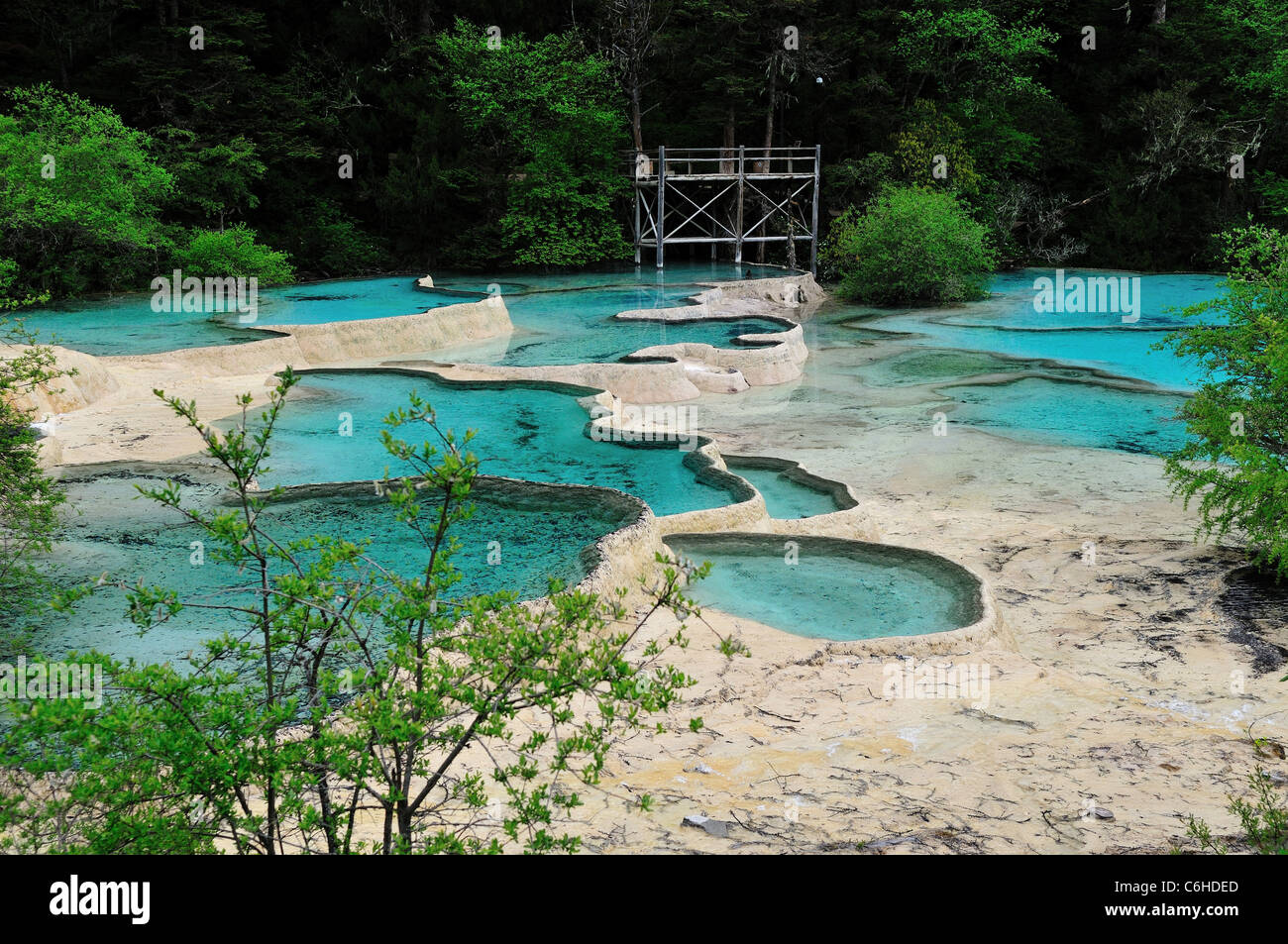 Travertine terrace pools at Huanglong Nature Reserve, an UNESCO World ...