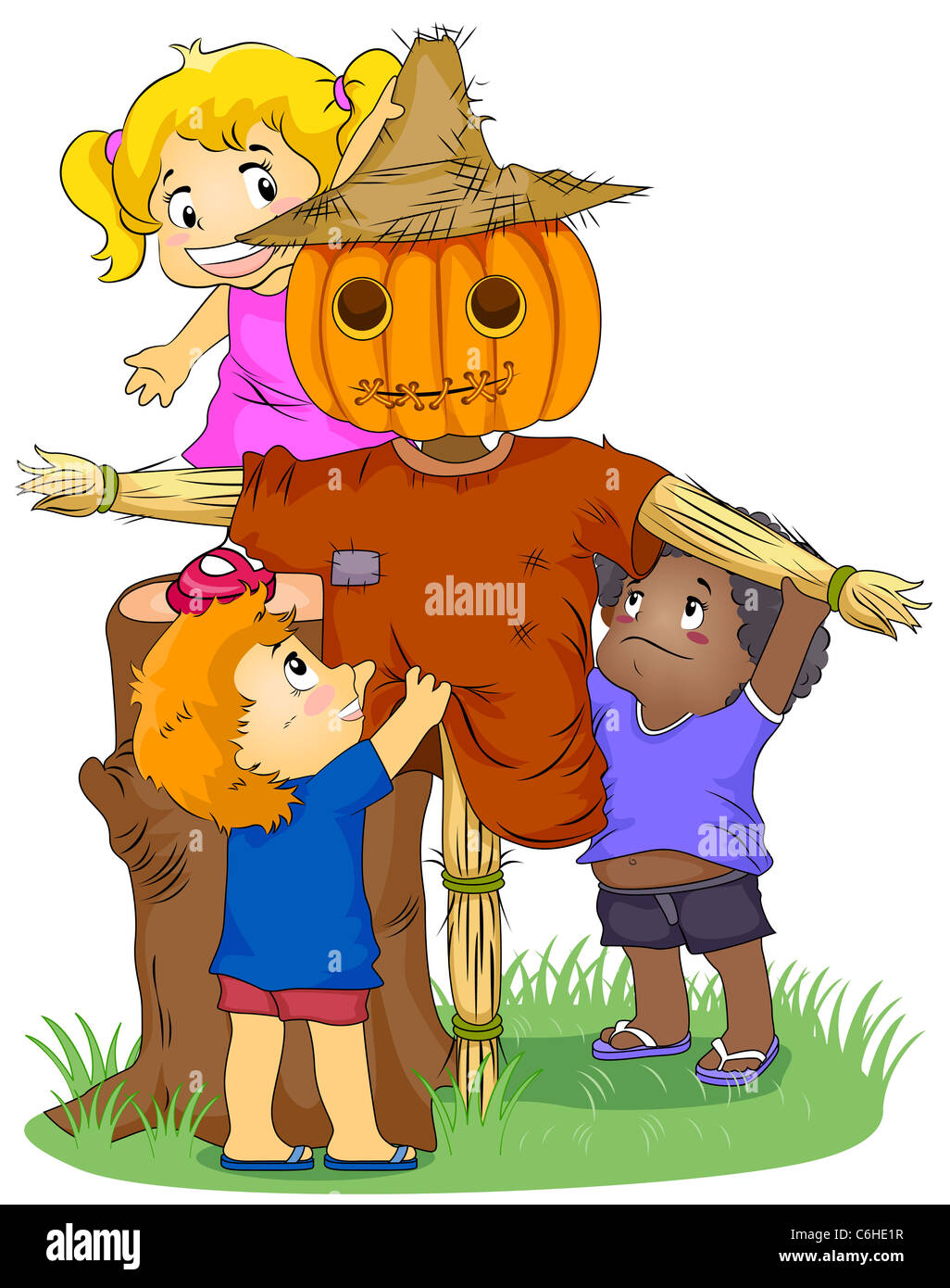 Illustration Featuring Kids Making a Scarecrow Stock Photo - Alamy
