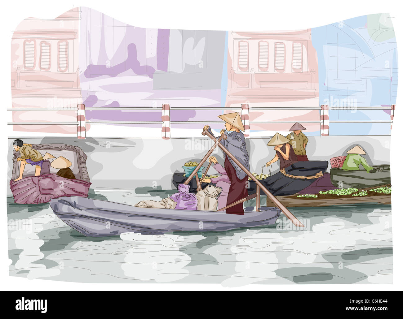 Sketch of a Floating Market in Vietnam Stock Photo - Alamy