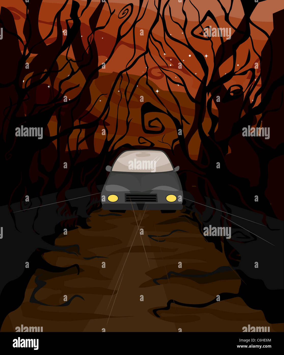 Illustration Of A Lone Car Driving Driving Through The Dark Woods Stock