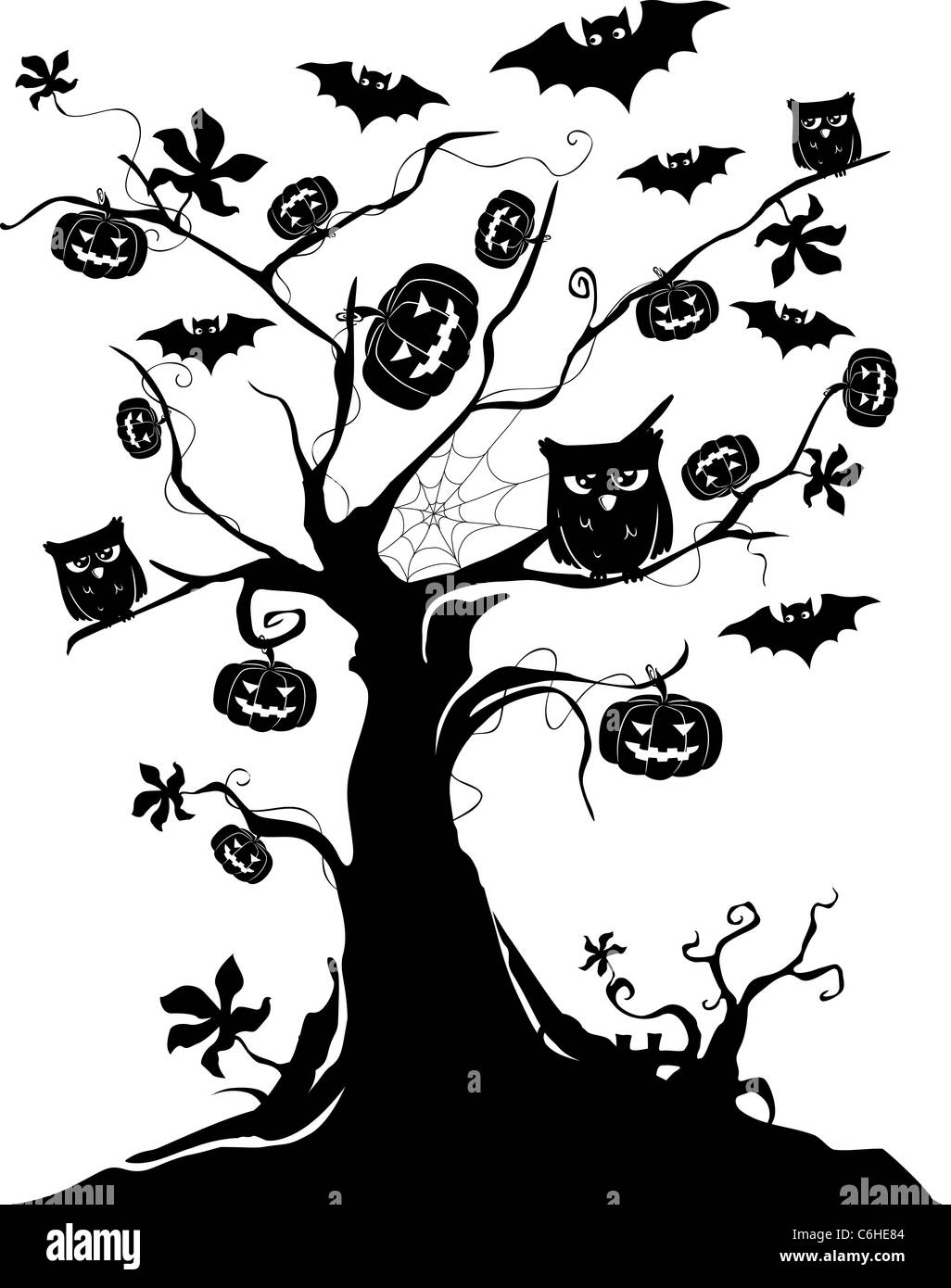 Illustration of a Halloween Tree with Bats, Pumpkins, and Owls Stock ...