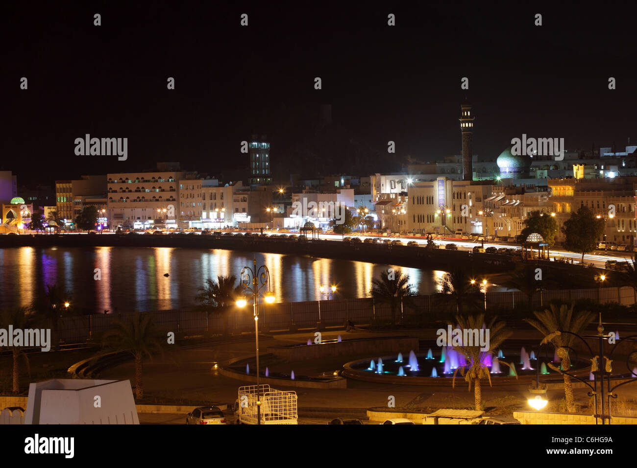 View of Muttrah Corniche at night. Muscat, Sultanate of Oman Stock ...