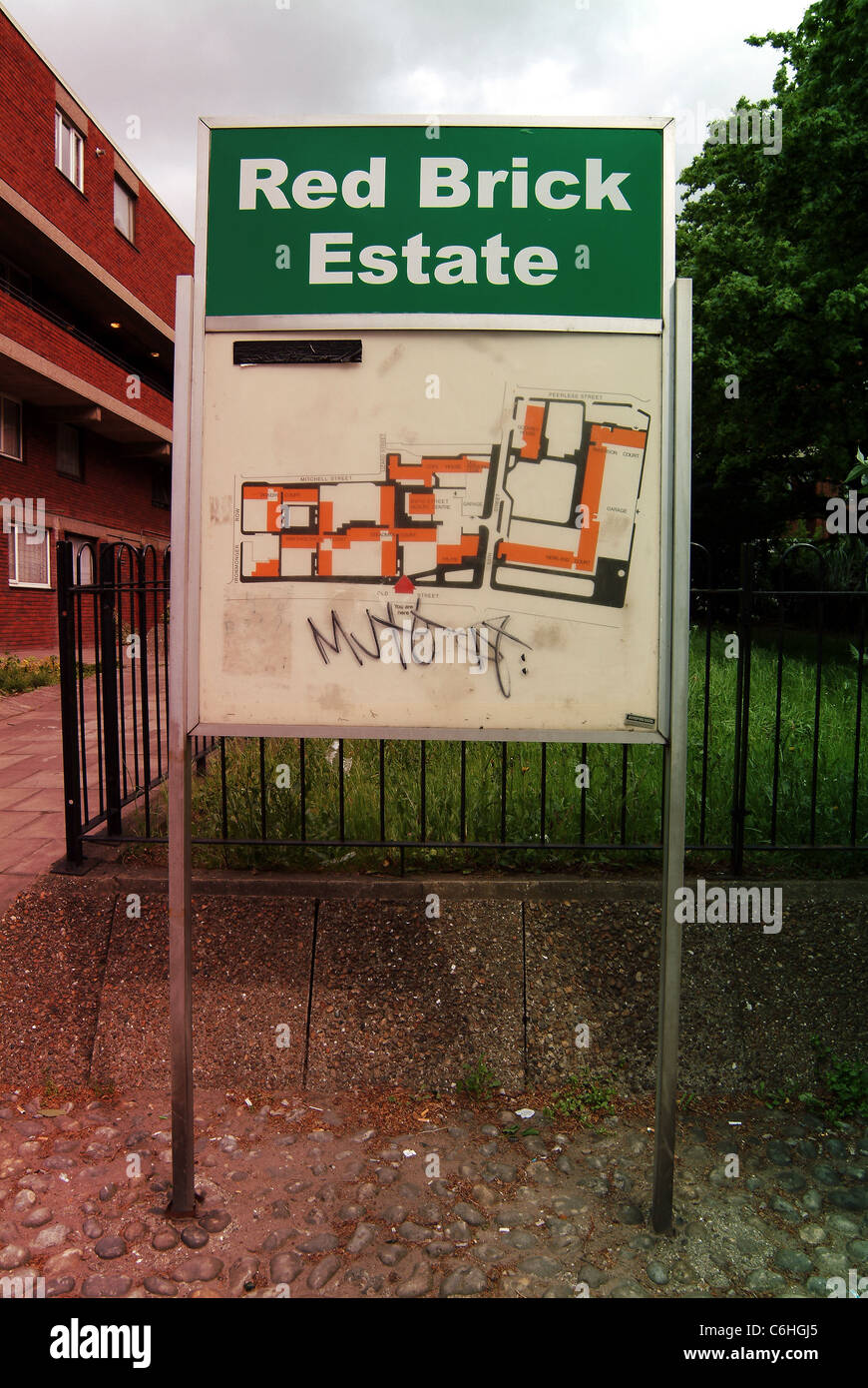 red brick estate sign london Stock Photo - Alamy