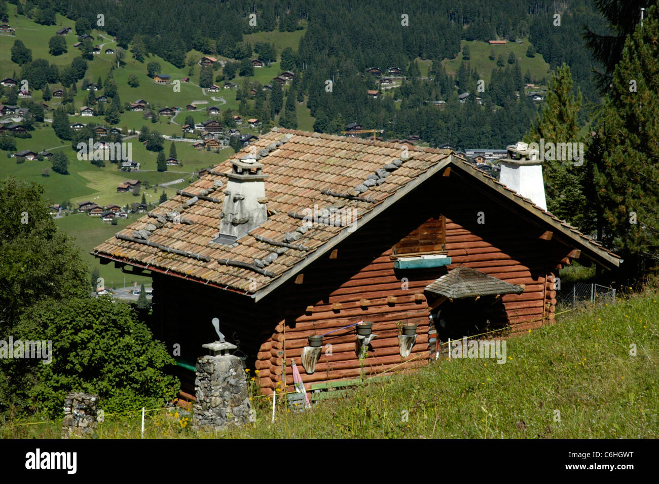 Alpine chalet and Grindelwald valley, Bernese Oberland, Switzerland ...