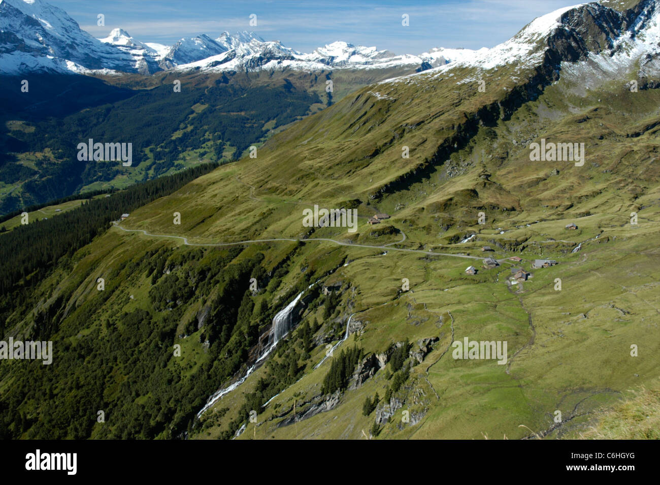 Waterfall and Grindelwald valley from First, Bernese Oberland ...