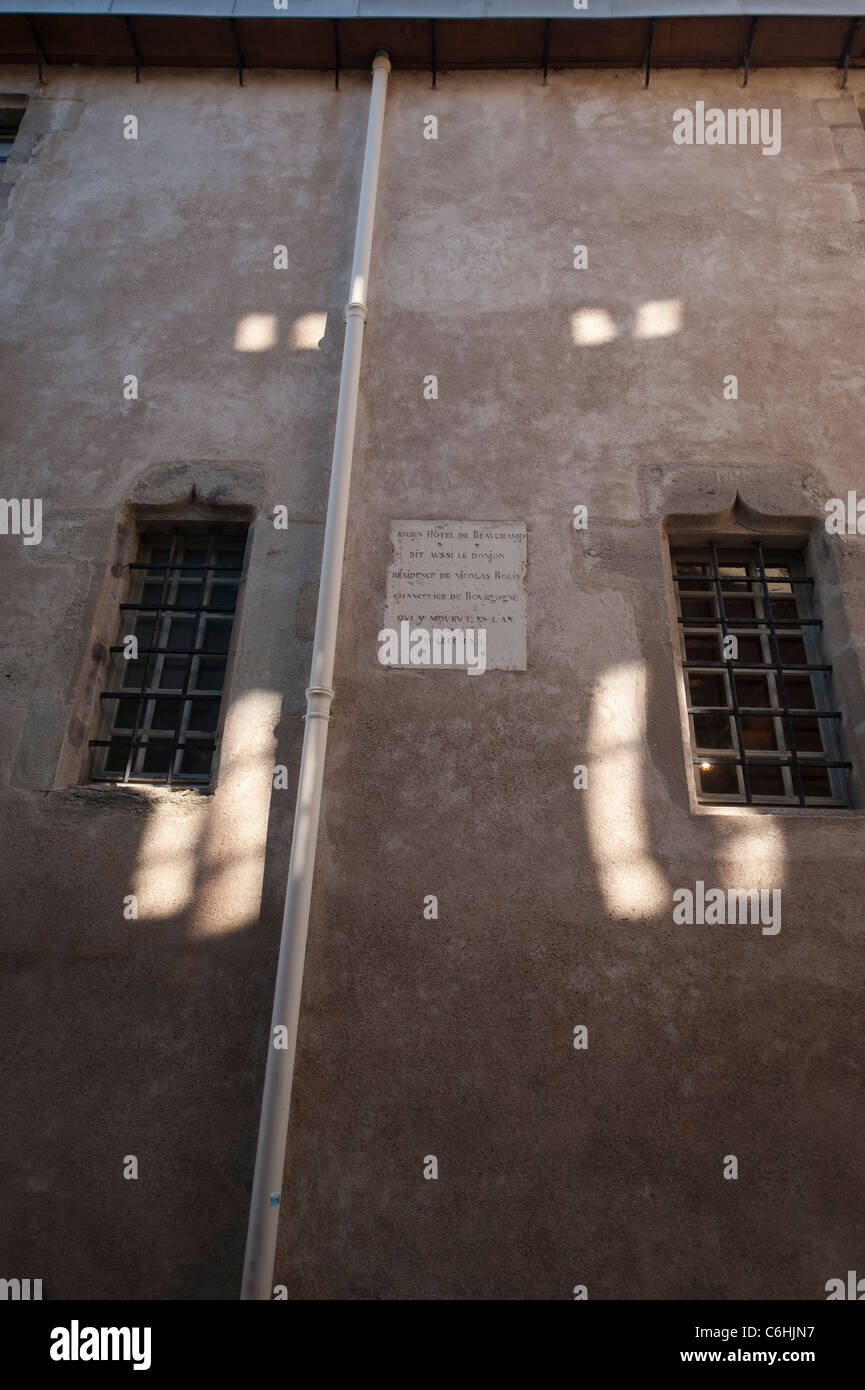 Stone plaque on the Hotel de Beauchamp, residence of Nicolas Rolin ...
