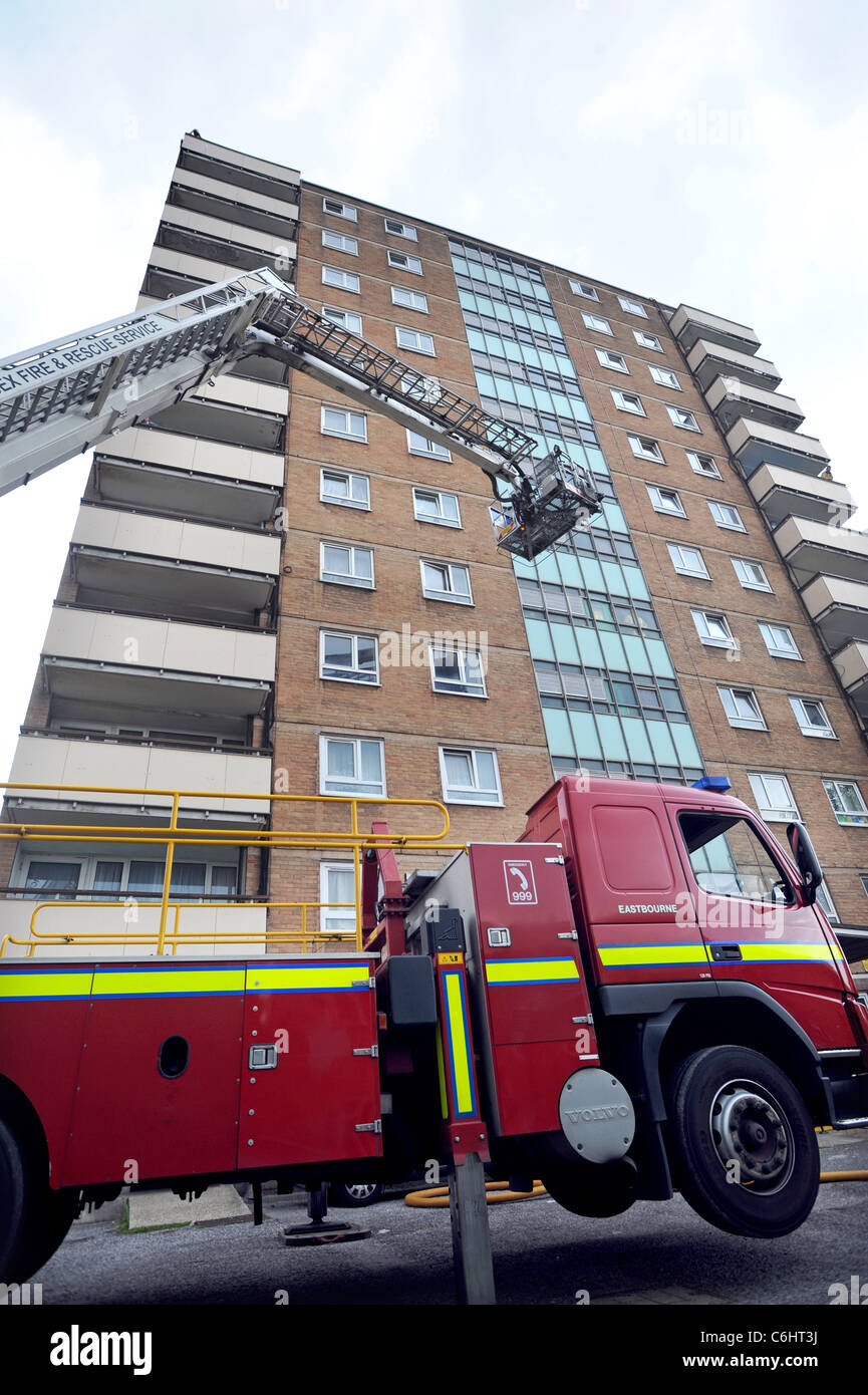 Fire crews taking part in an exercise in a high rise block of flats in ...